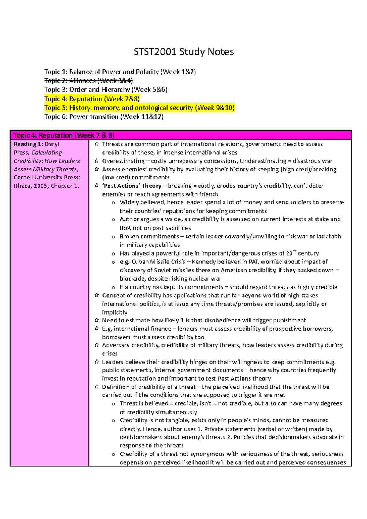 STST2001 Study Notes - STST2001 Study Notes Topic 1: Balance of Power ...