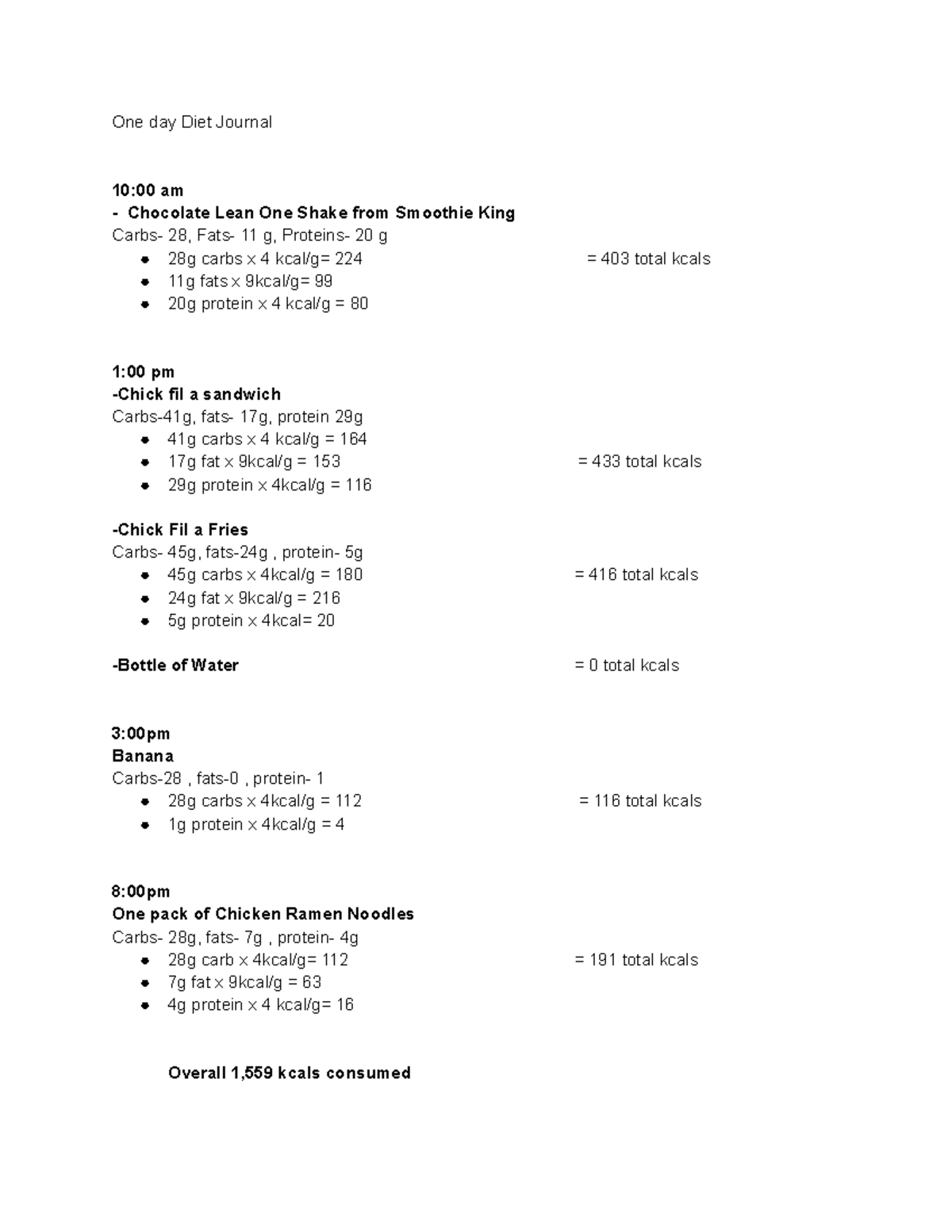 One day Diet Journal - One day Diet Journal 10:00 am Chocolate Lean One ...