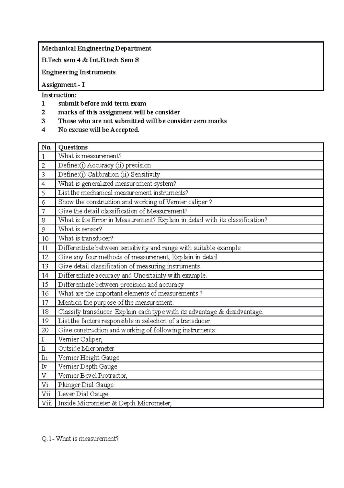 Measuring Instruments Assignment - Mechanical Engineering Department B ...