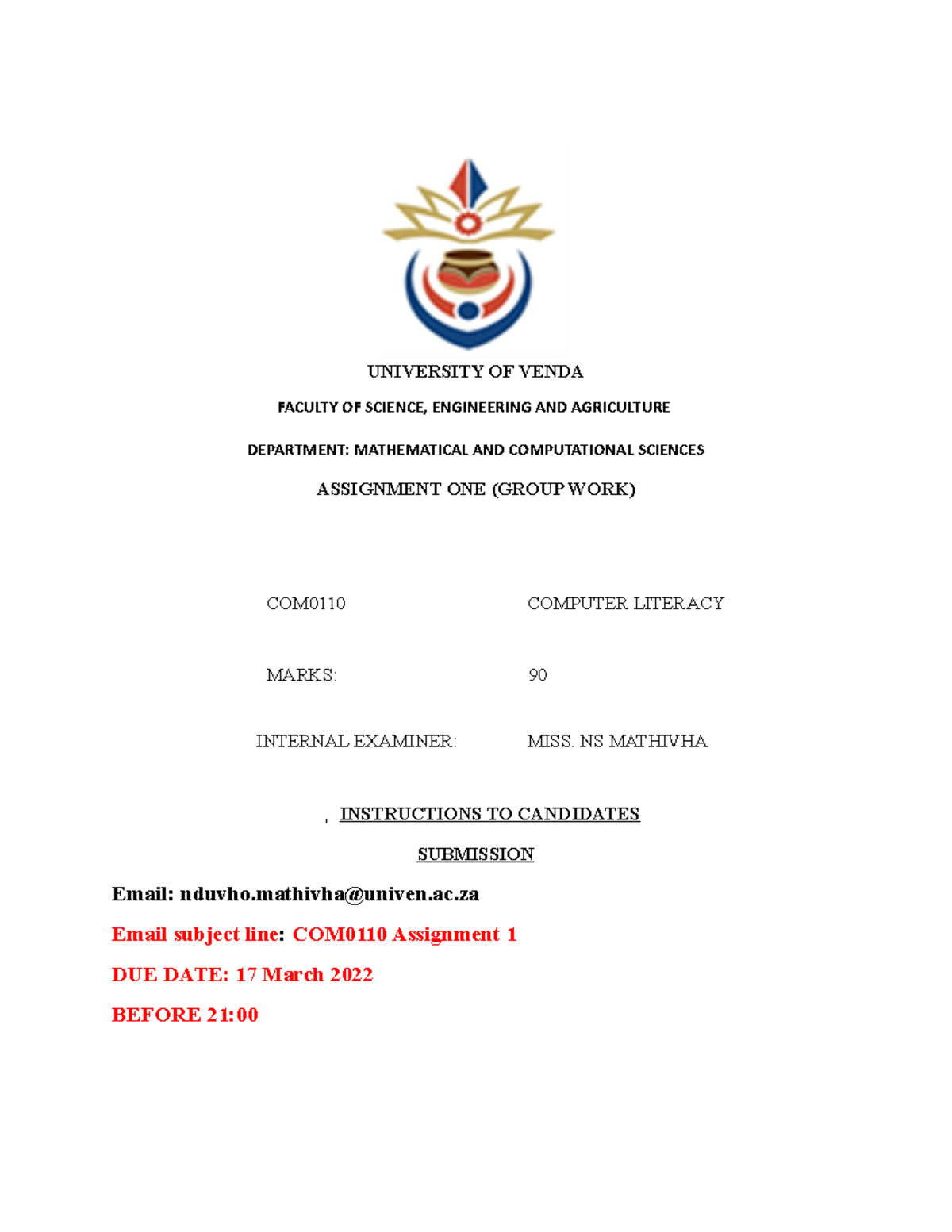 Com0110 Assignment 1 2023 - UNIVERSITY OF VENDA FACULTY OF SCIENCE ...