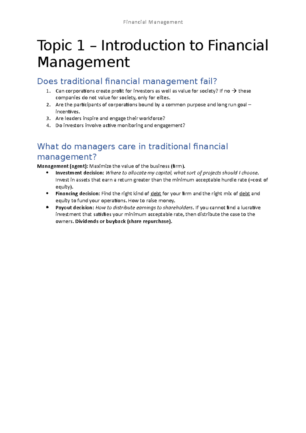Lectures Financial Management - Financial Management Topic 1 ...