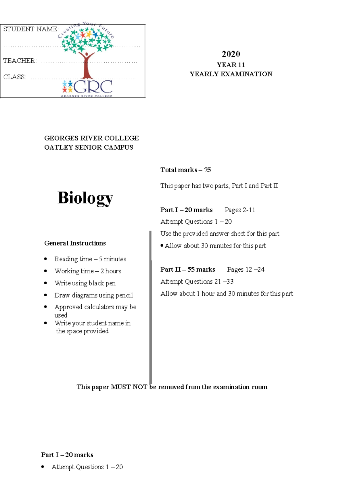 2020 Past Paper (Bio) - GEORGES RIVER COLLEGE OATLEY SENIOR CAMPUS ...