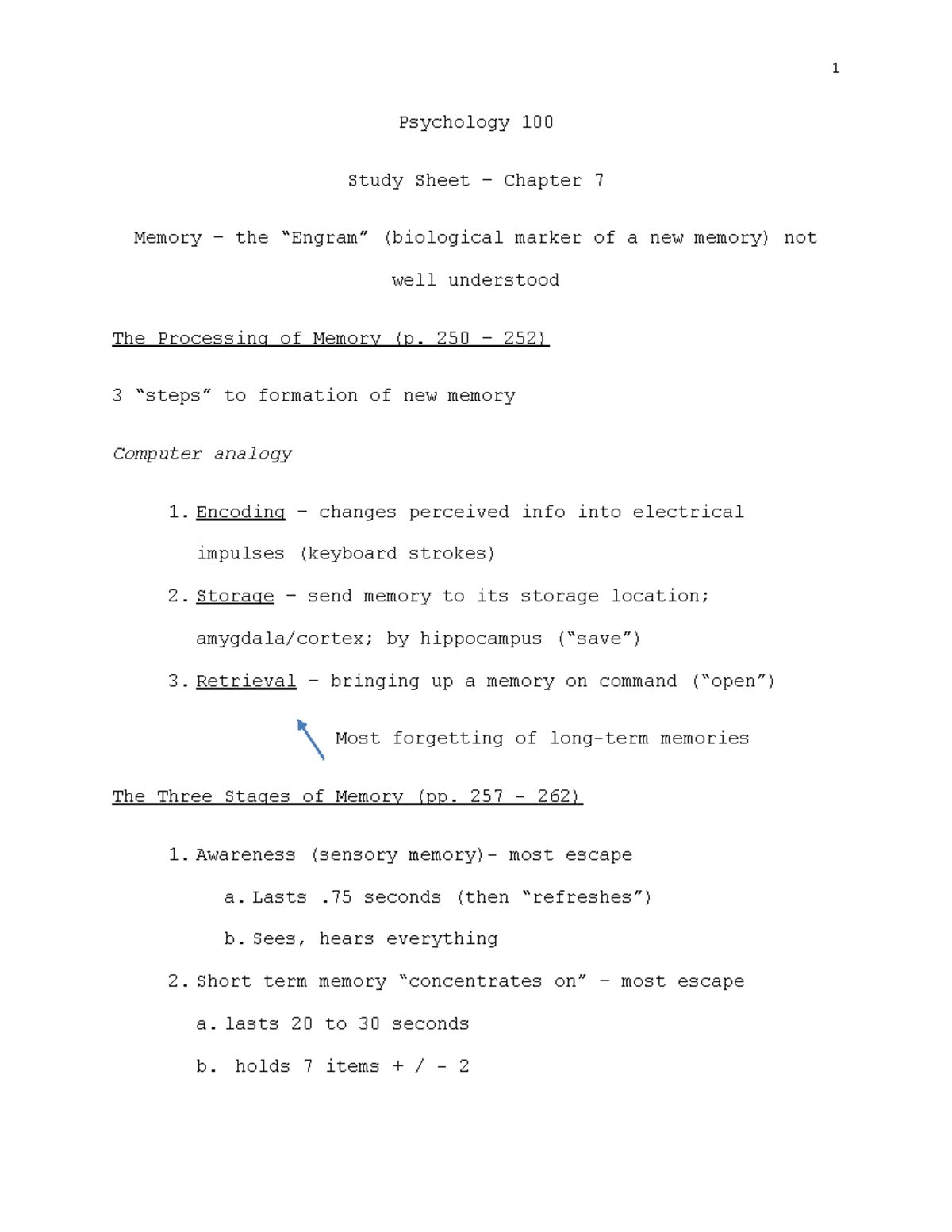 Chapter 7 - Psychology 100 Study Sheet – Chapter 7 Memory – the “Engram ...
