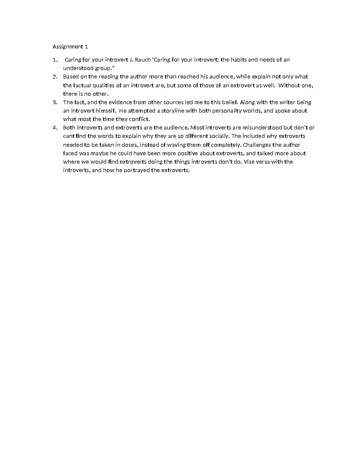Englishassign 1 - Summary English 122 - Assignment 1 Caring for your introvert J. Rauch ‘Caring ...