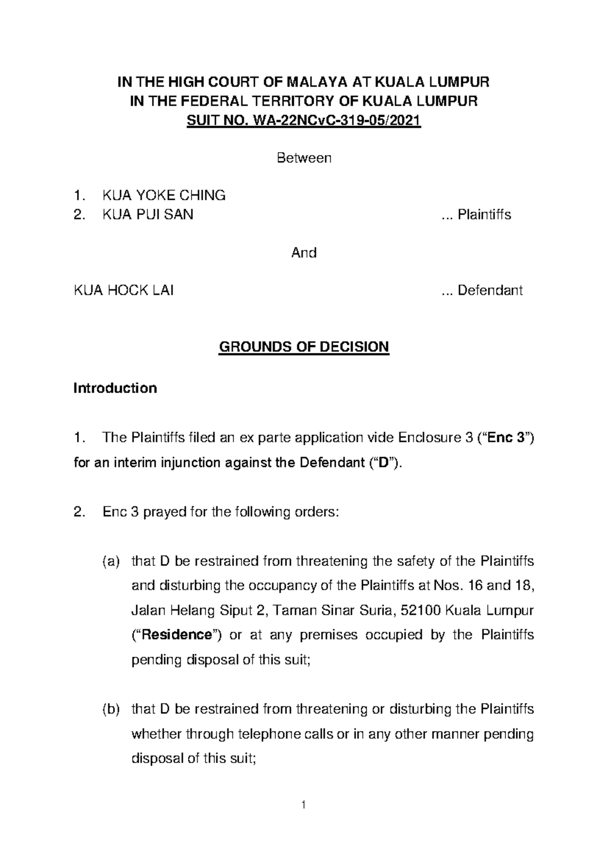 Kua Yoke Ching & Kua Pui San v Kua Hock Lai - IN THE HIGH COURT OF ...