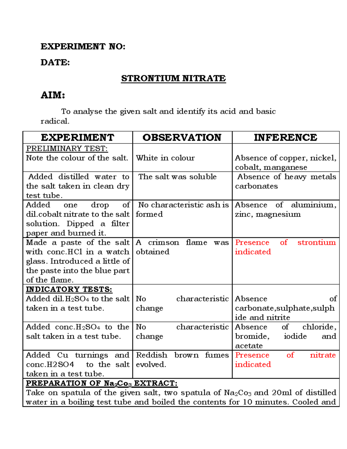 Strontium Nitrate -6 - EXPERIMENT NO: DATE: STRONTIUM NITRATE AIM: To ...