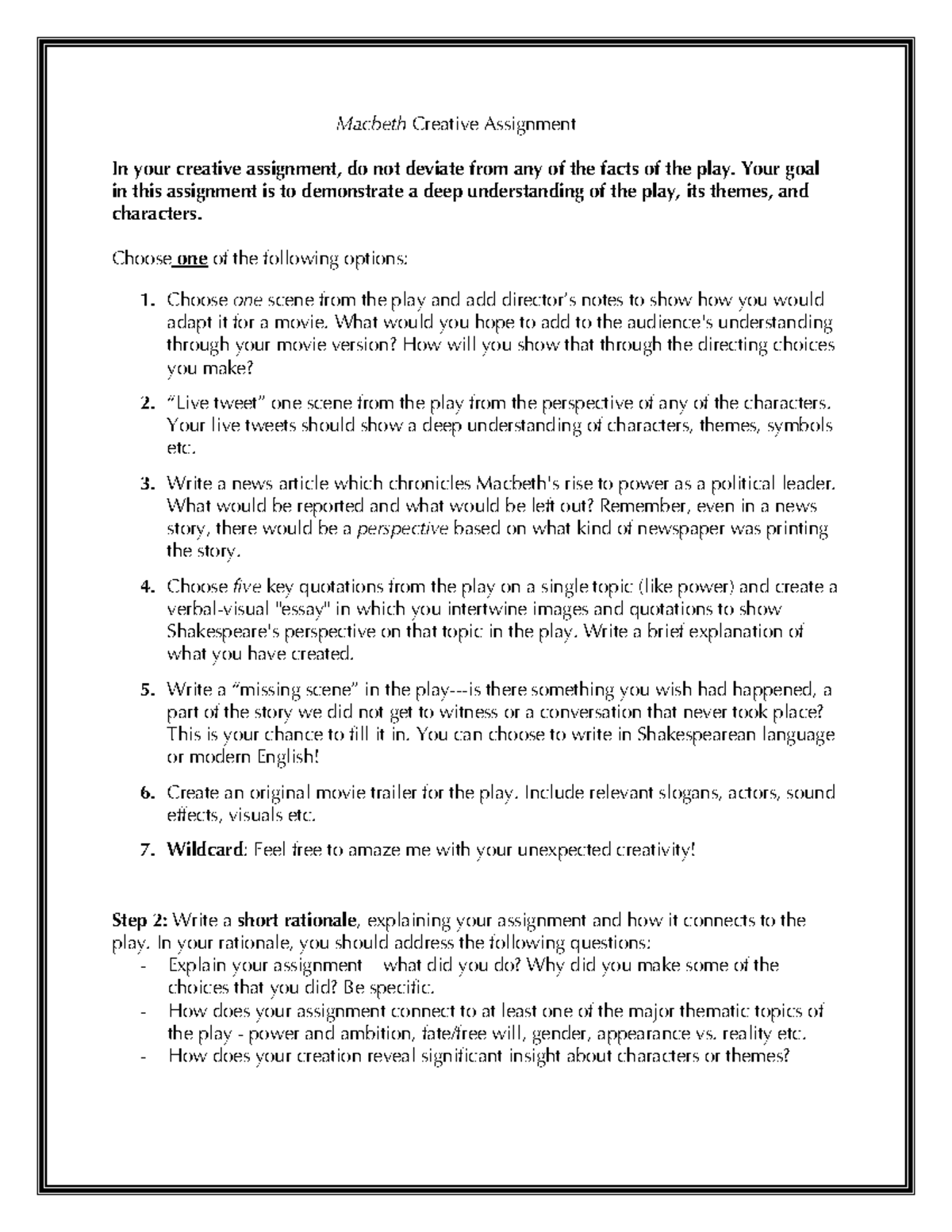 Macbeth Final Assignment - Macbeth Creative Assignment In your creative ...
