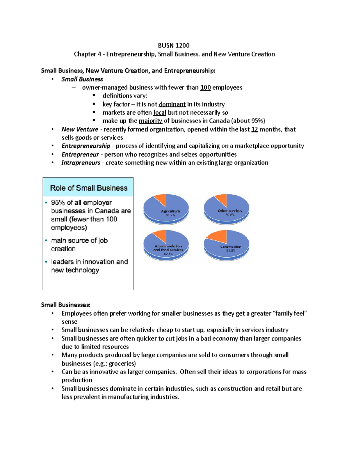 BUSN 1200 - Chapter 4 - BUSN 1200 Chapter 4 Entrepreneurship, Small ...
