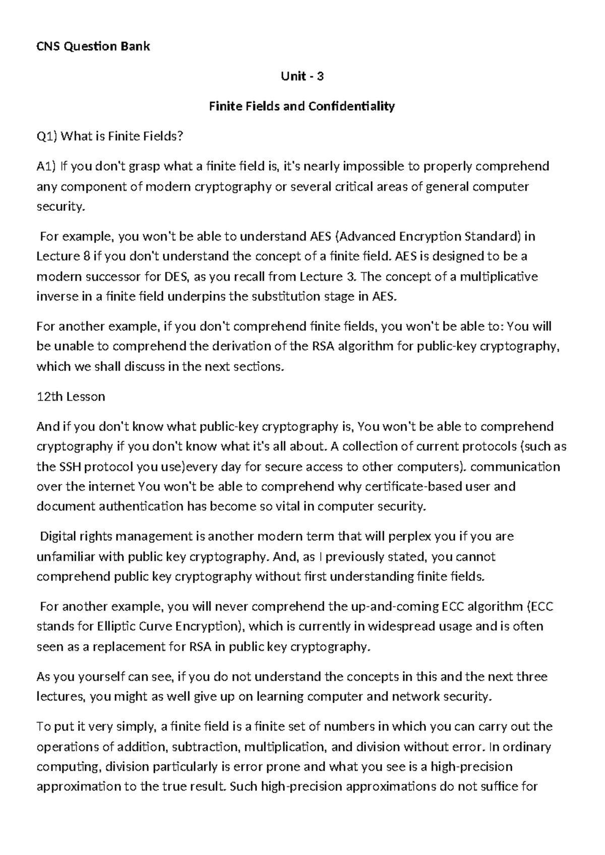 CNS unit 3 - Finite Fields and Confidentiality: Groups, Rings, and Fields, Modular Arithmetic ...
