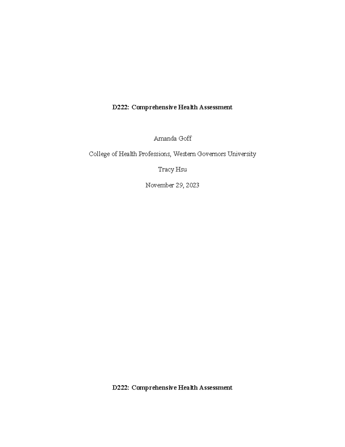 D222 Comprehensive Health Assessment Template - D222: Comprehensive ...
