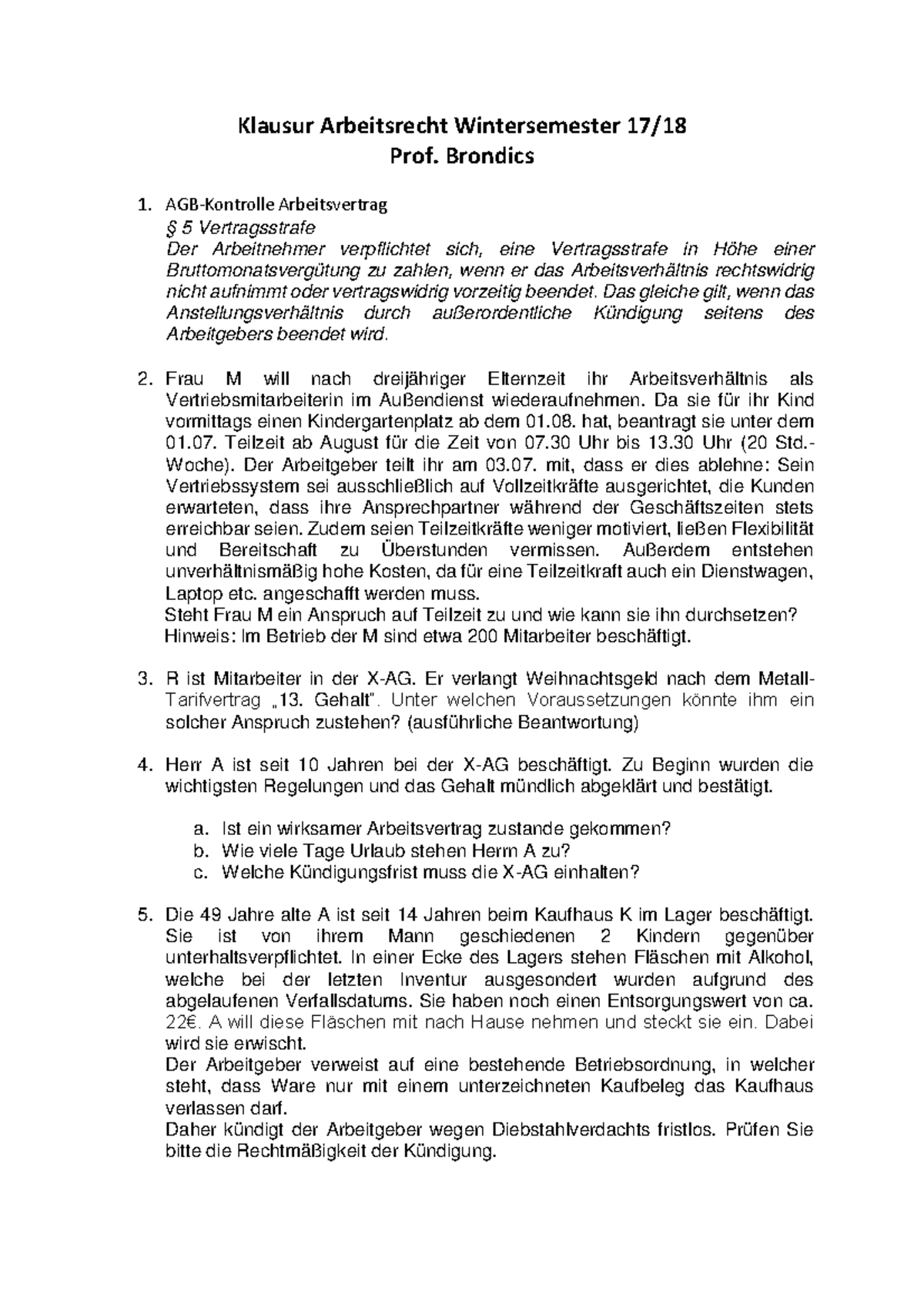 Klausur Sommersemester 2017, Fragen - Warning: TT: undefined function: 32 Klausur Arbeitsrecht ...