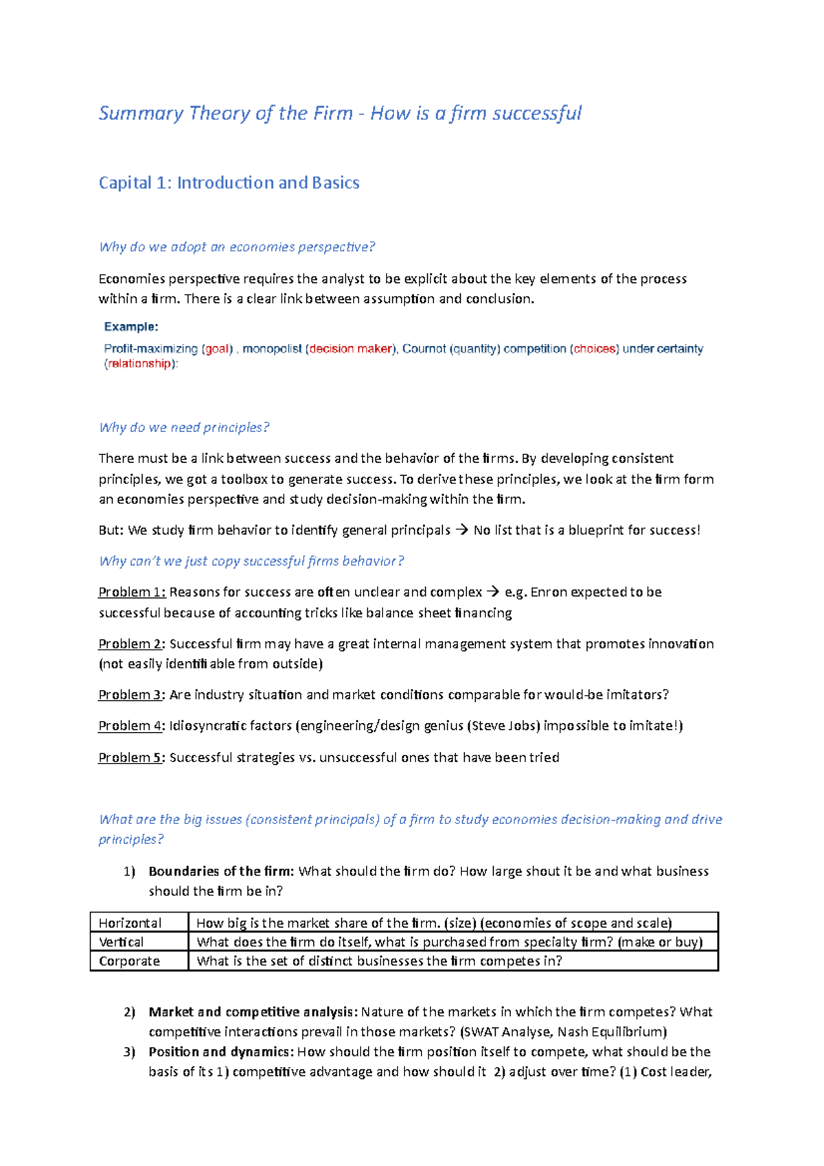 Summary - Theory of the Firm - Summary Theory of the Firm How is a firm ...
