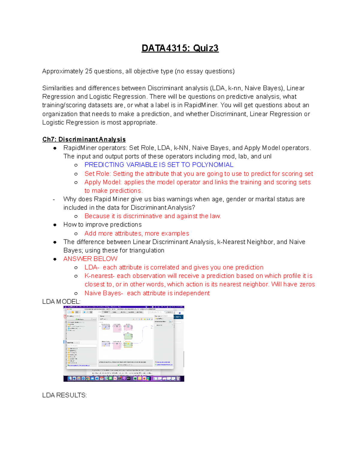 DATA4315 Quiz3 - Quiz 3 Study Guide - DATA4315: Quiz Approximately 25 questions, all objective ...