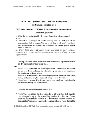 Mgmt 405 prob ans set 3 2324 - MGMT 405 Operations and Production Management Problems and ...