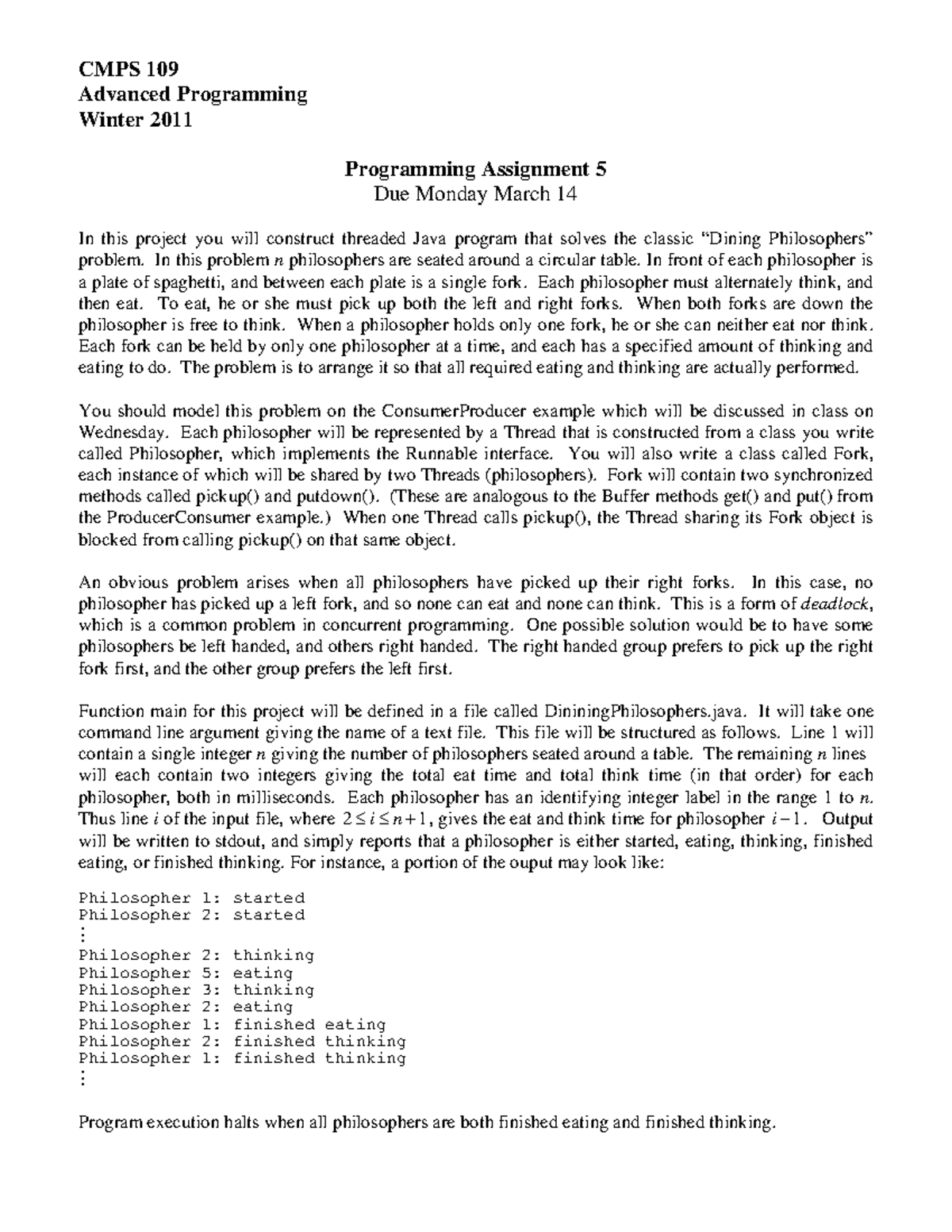 CMPS 109 Advanced Programming Winter 2011 Programming Assignment 5 - Studocu