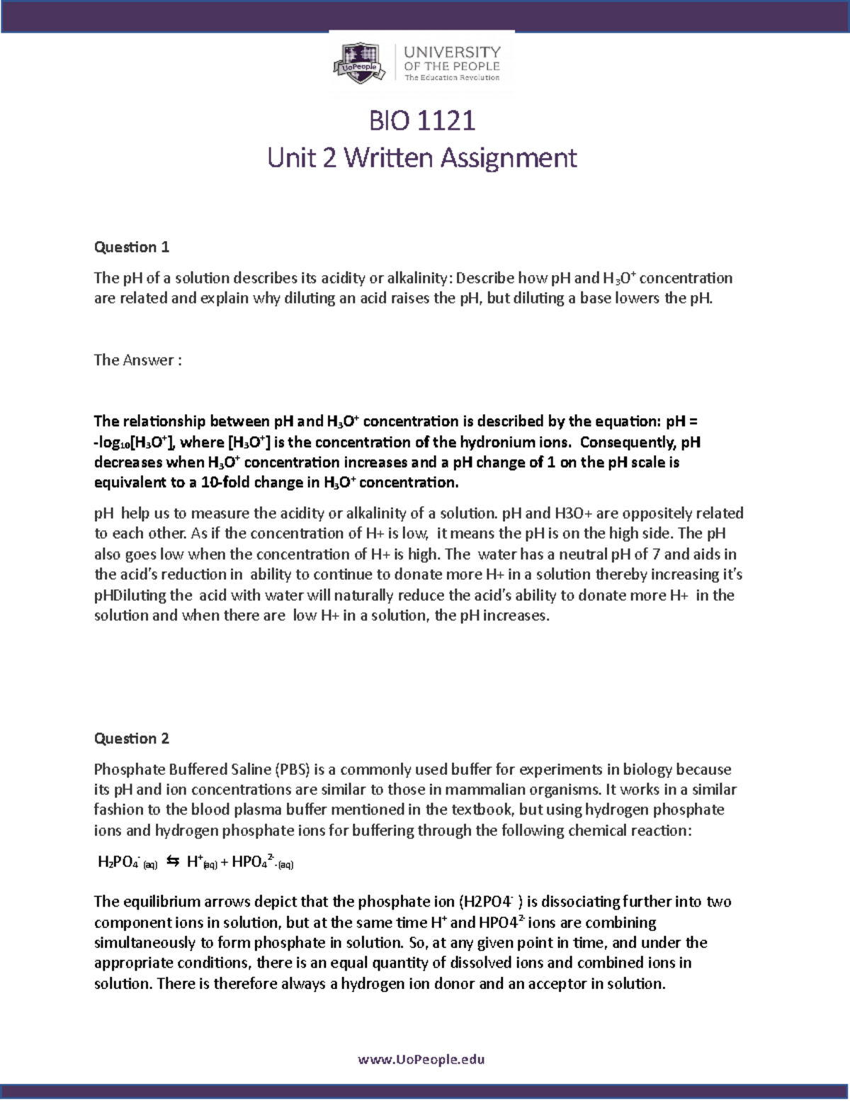 BIO 1121 Unit 2 Written Assignment - BIO 1121 Unit 2 Written Assignment Question 1 The pH of a ...