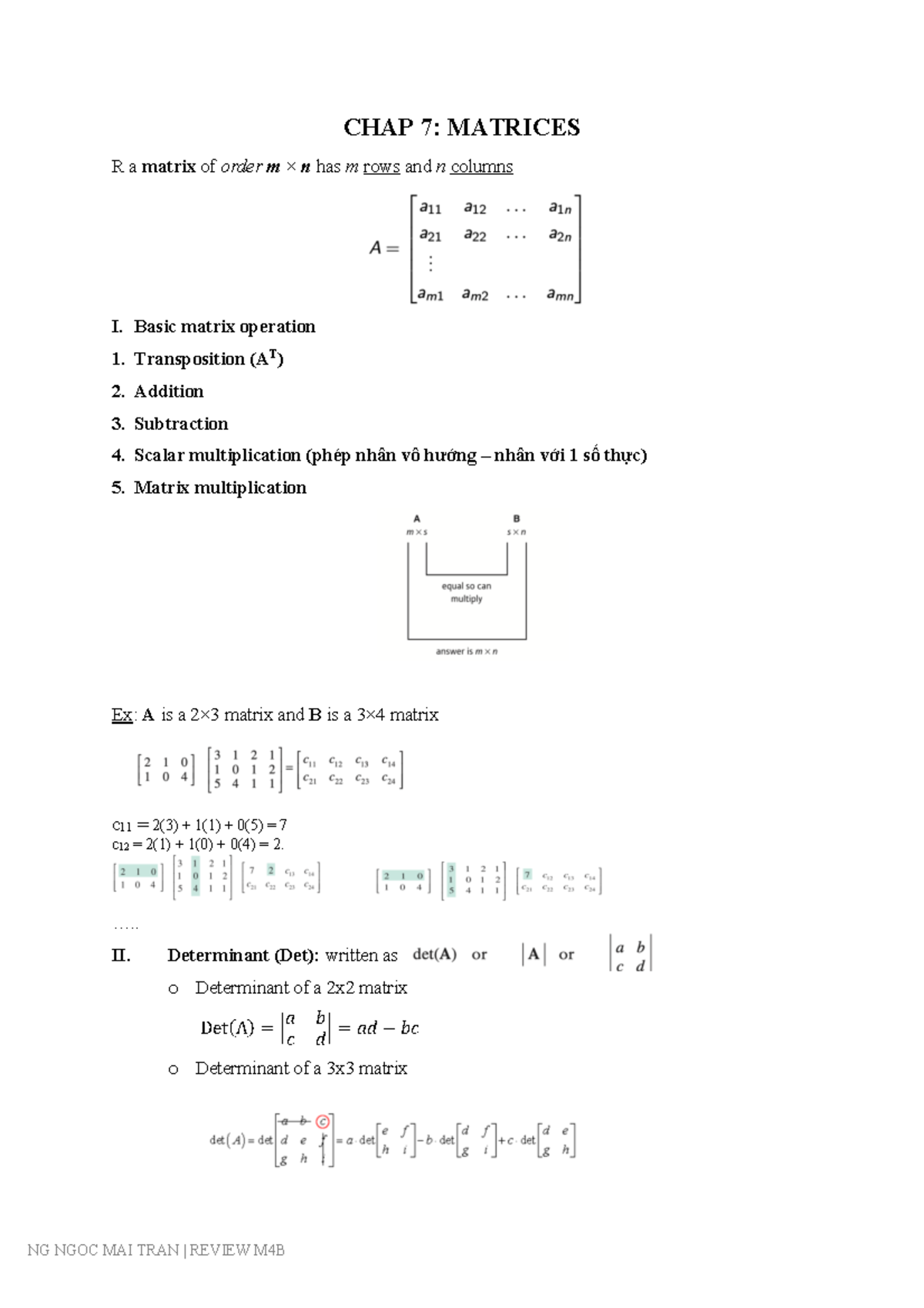 CHAP 7 Review - NG NGOC MAI TRAN | REVIEW M4B CHAP 7: MATRICES R a ...