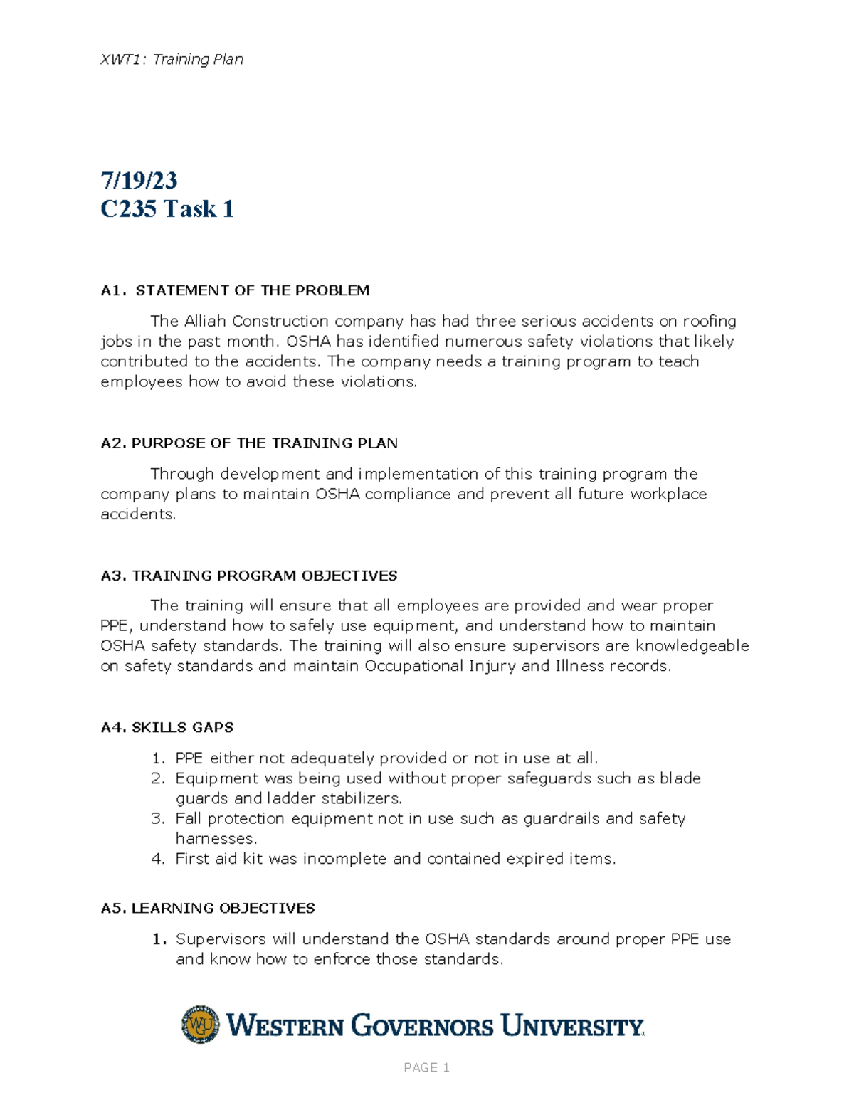 C235 Task 1 - Full document - XWT1: Training Plan 7/19/ C235 Task 1 A1 ...