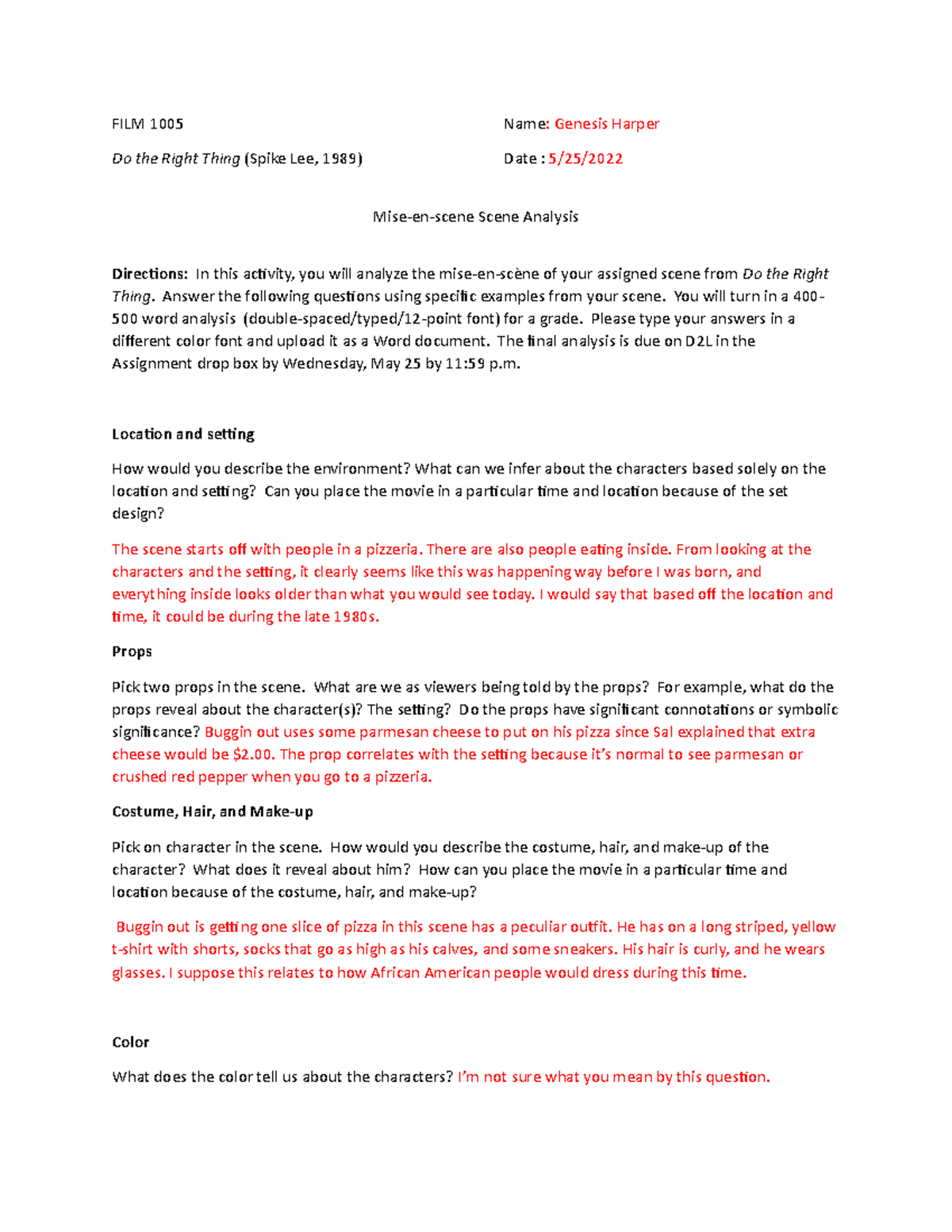 Mise-en-scene Activity - FILM 1005 Name: Genesis Harper Do the Right ...