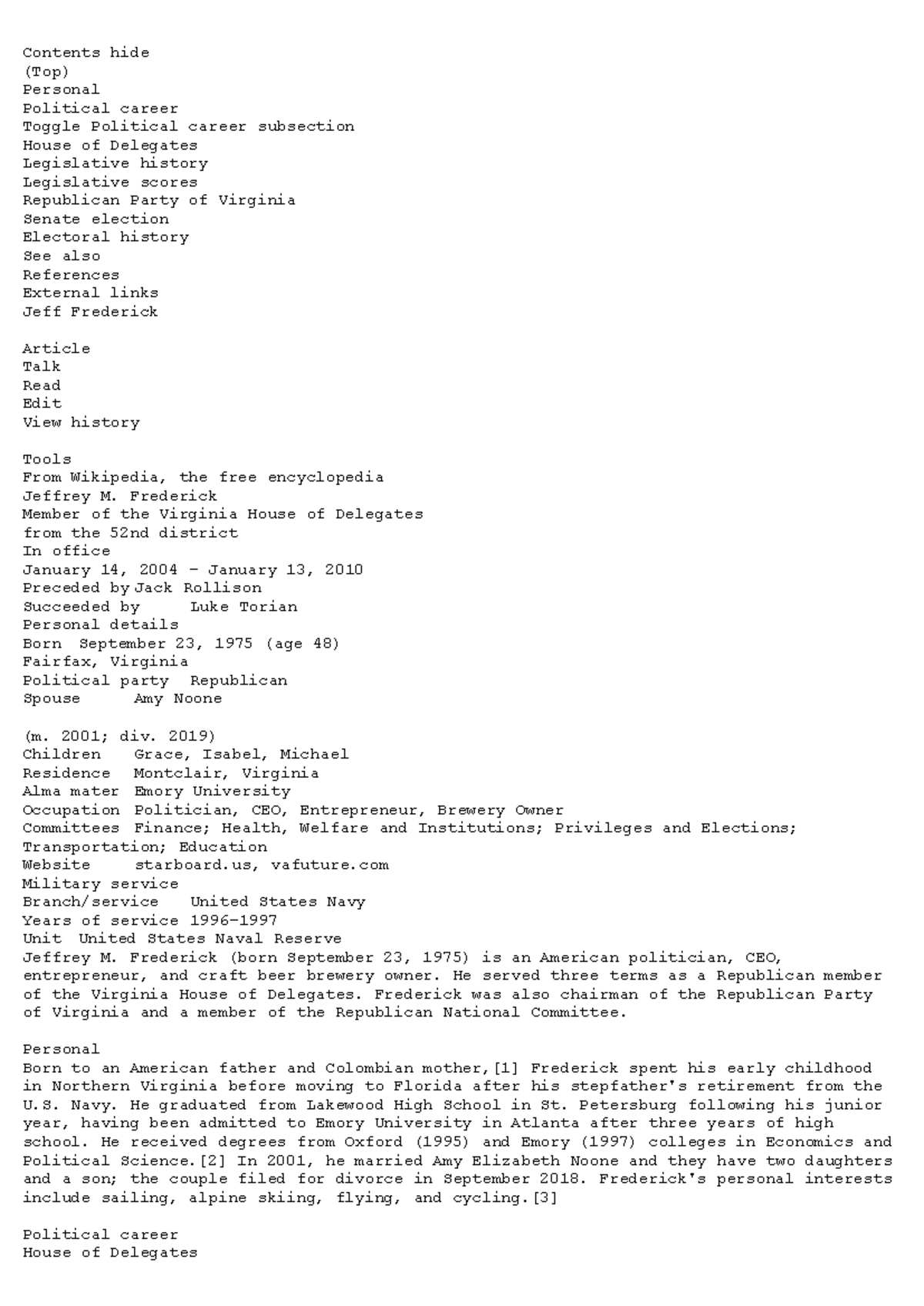 Jeff frederick - Contents hide (Top) Personal Political career Toggle ...
