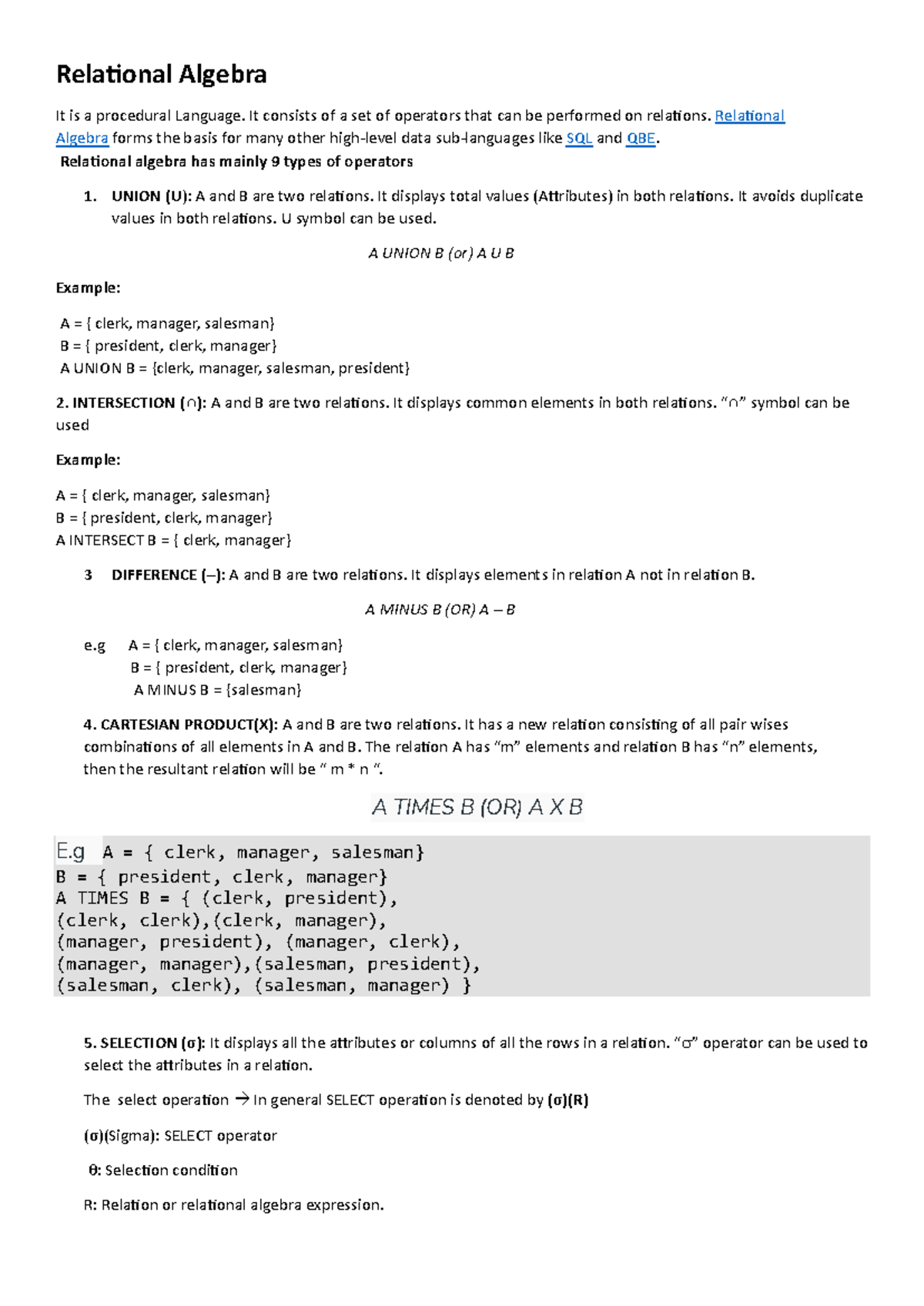 DBMS - dbms - Relational Algebra It is a procedural Language. It consists of a set of operators ...