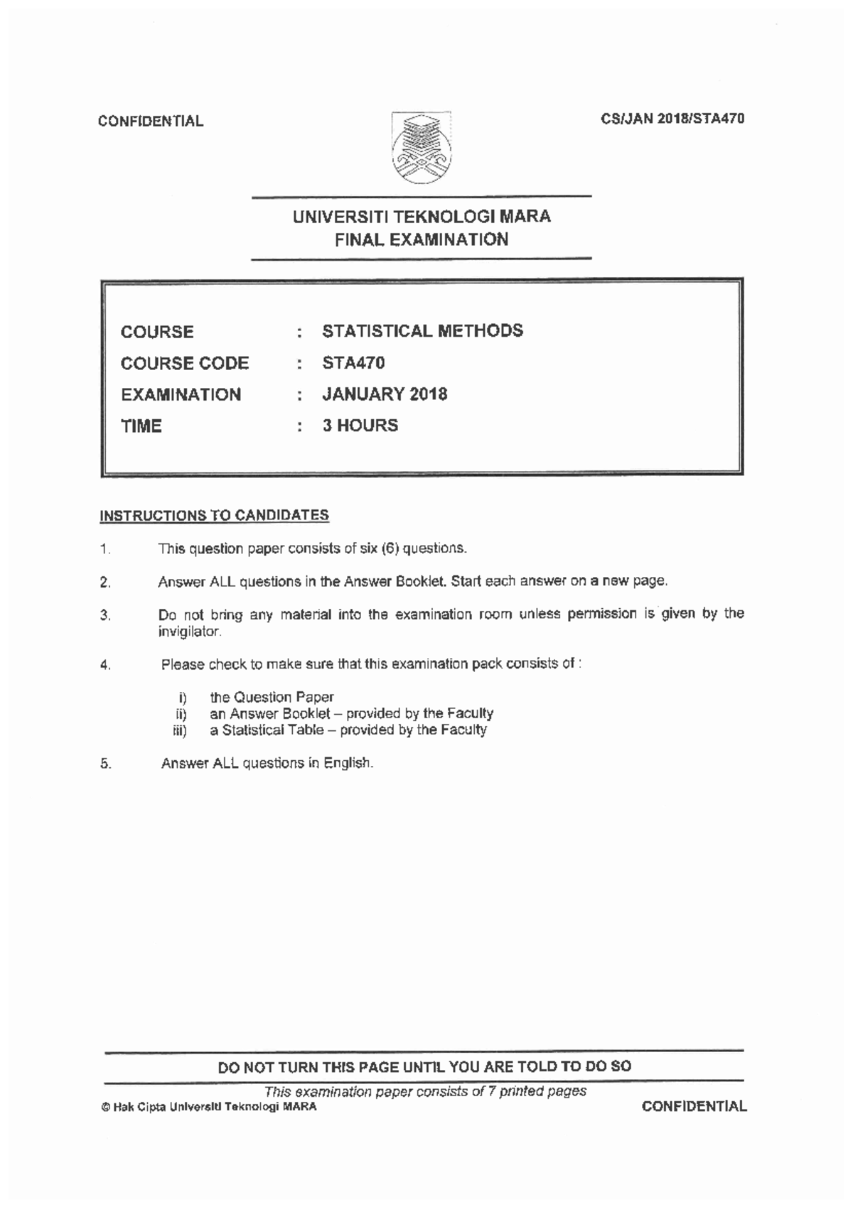 STA470 JAN18 - Mathematics Management - Studocu