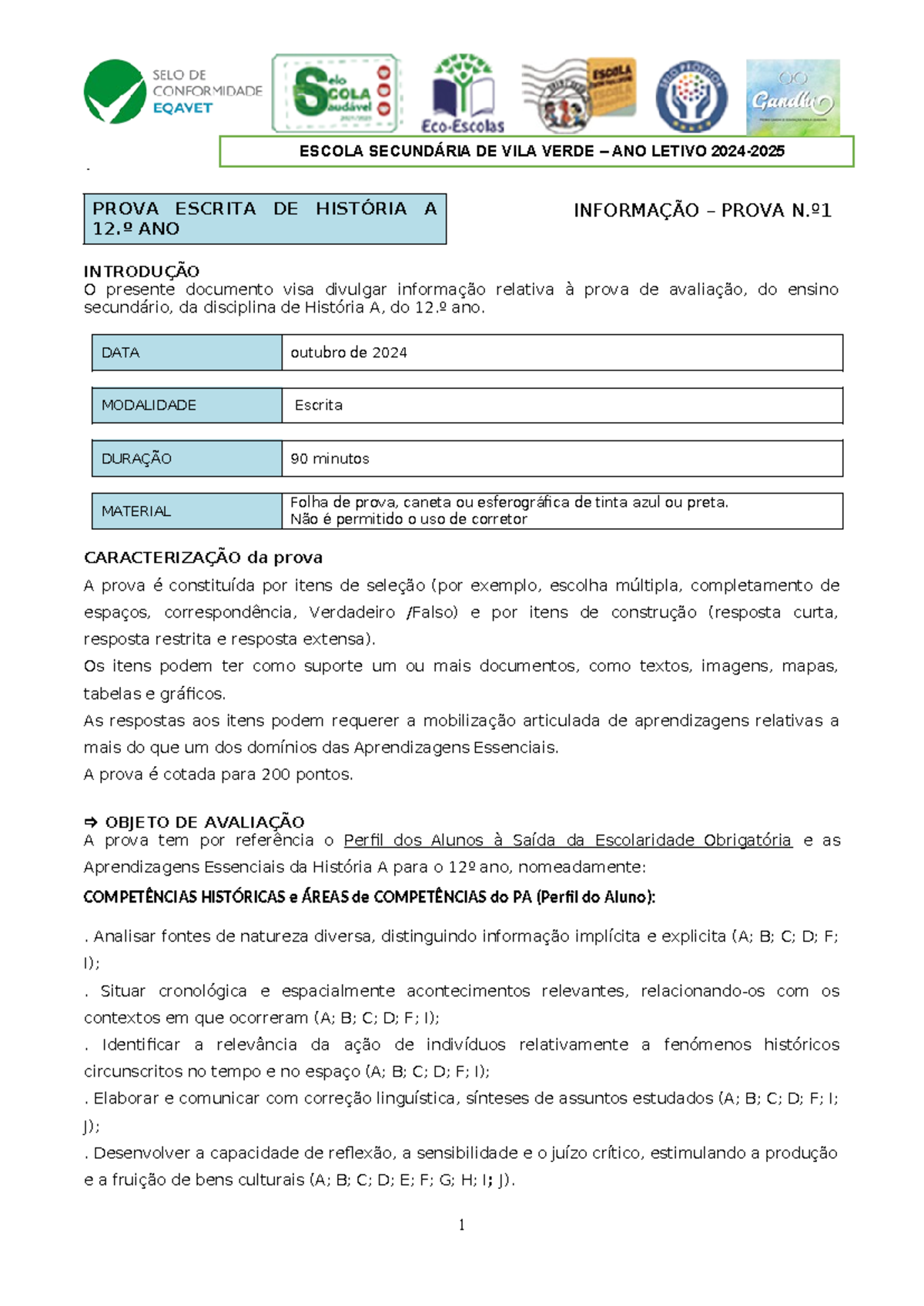 12 º HIST. Informação - Prova Teste 1º período VF - PROVA ESCRITA DE ...