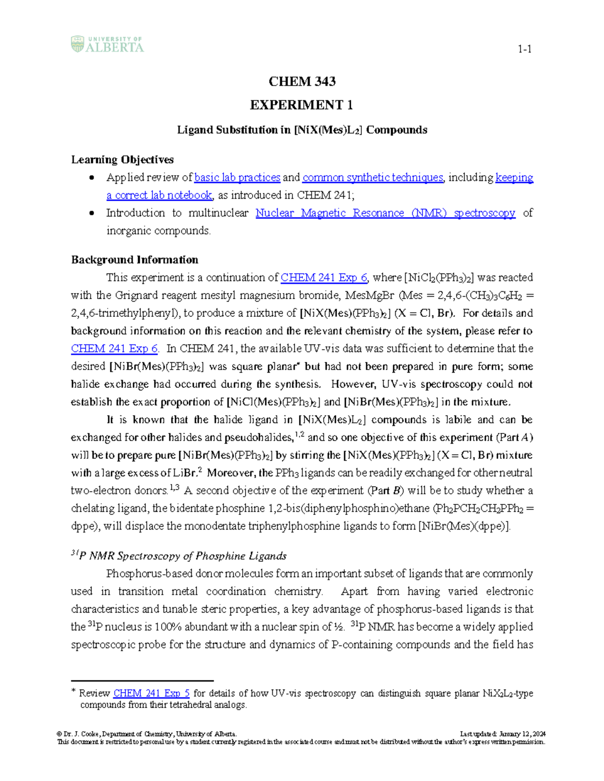 343 Exp 1 - lab 1 - © Dr. J. Cooke, Department of Chemistry, University ...