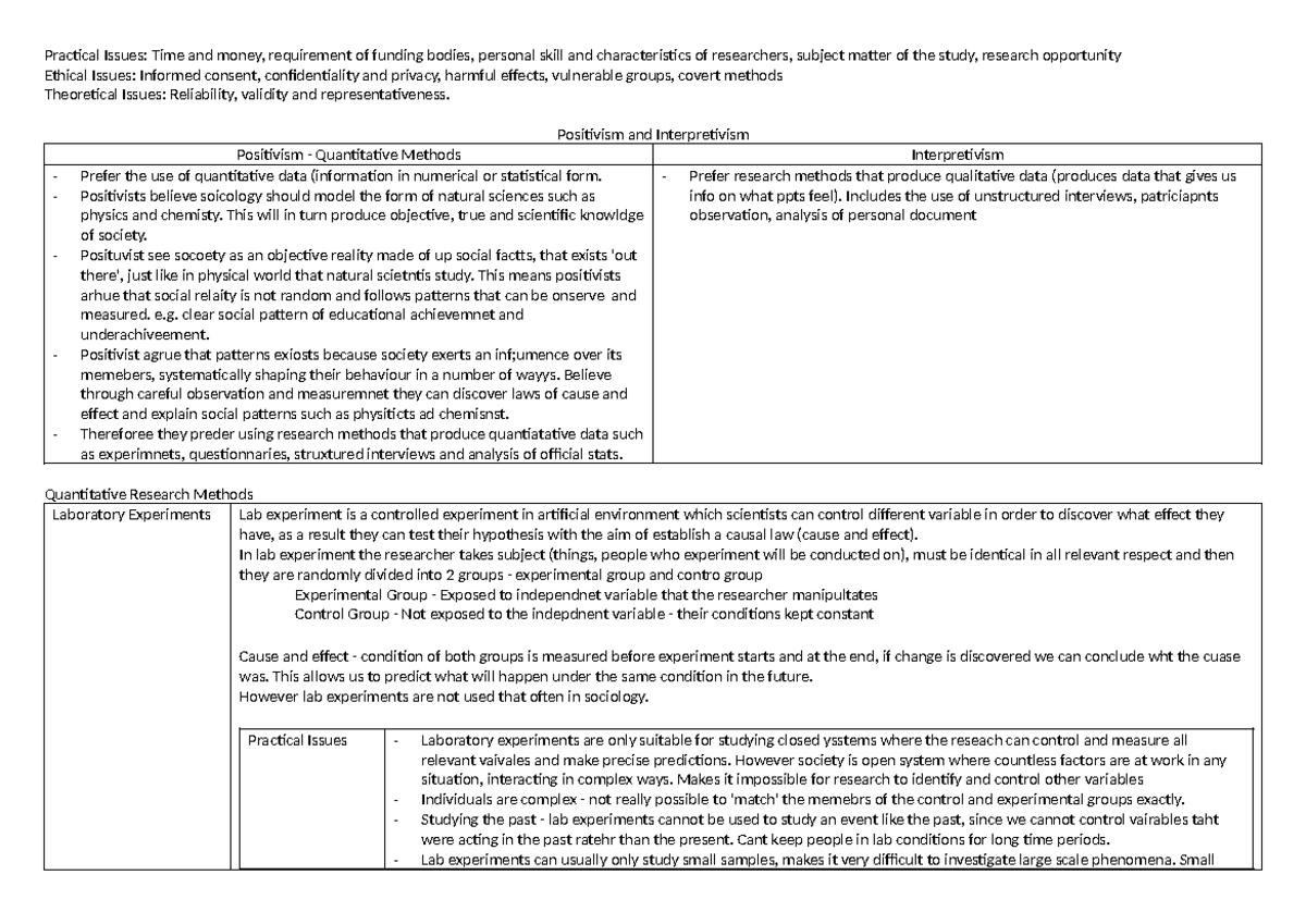 Methods - Sociology - Notes - Practical Issues: Time and money ...