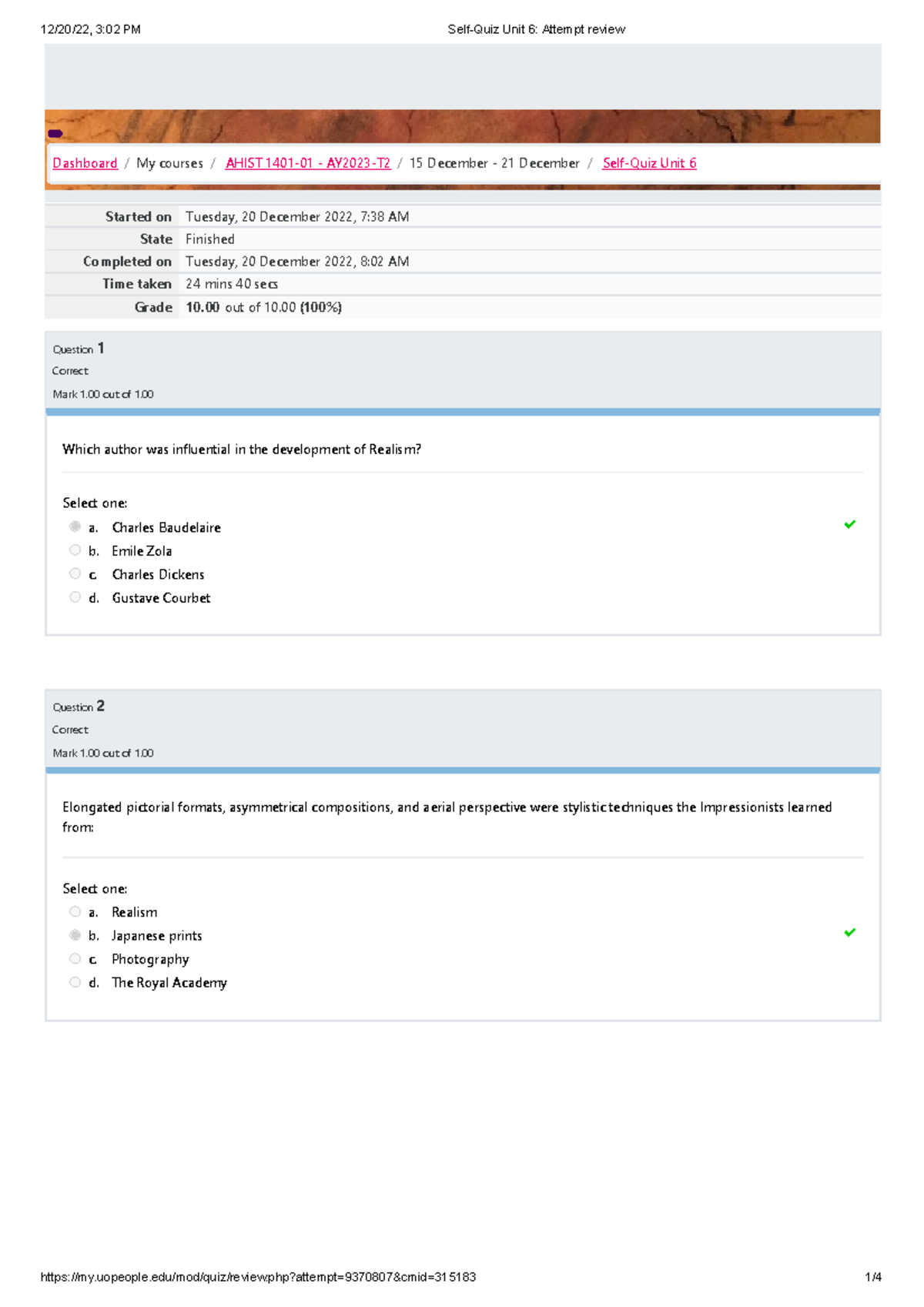 Self Quiz Unit 6 Attempt Review Started On Tuesday 20 December 2022 7 38 Am State Finished