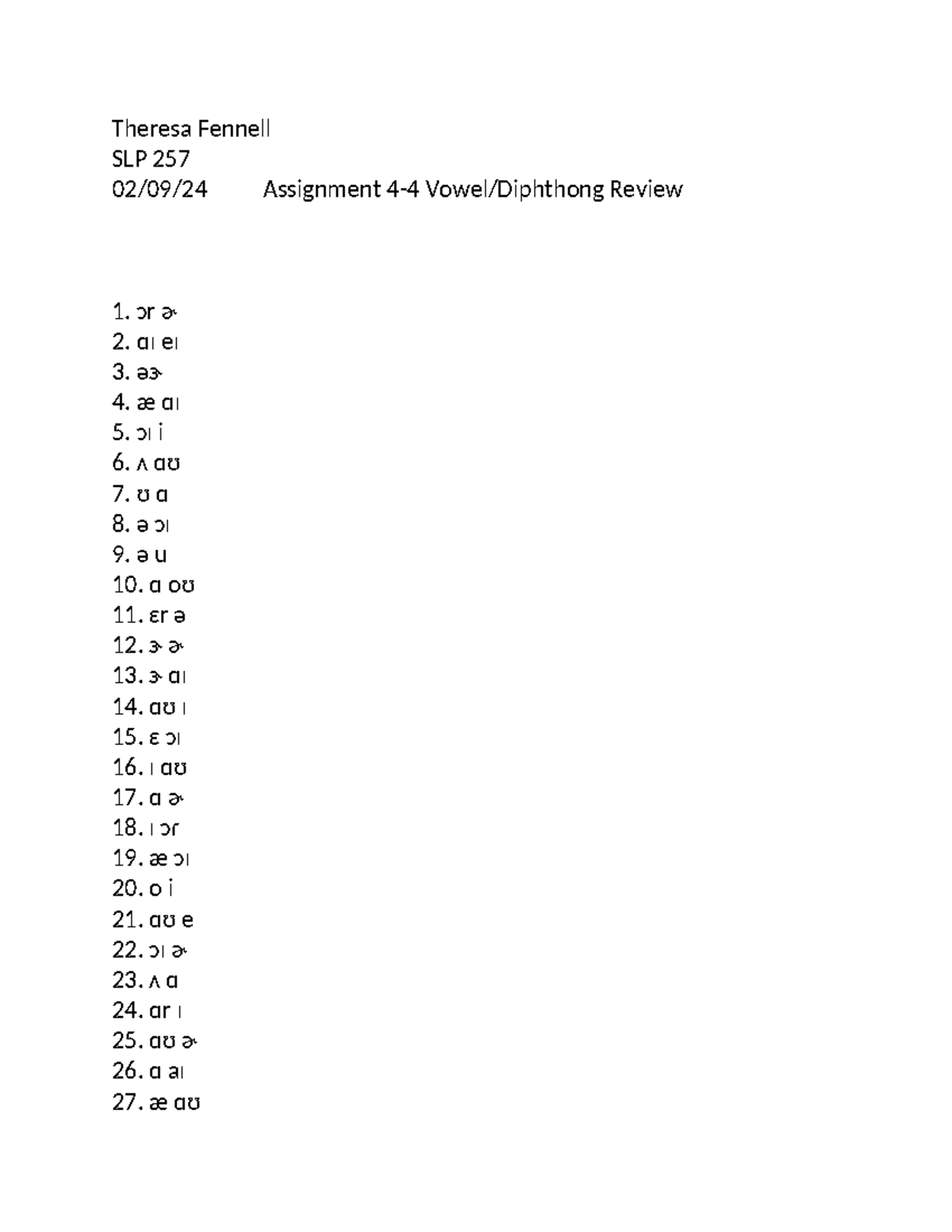 Assignment 4-4 rev - 257 - Theresa Fennell SLP 257 02/09/24 Assignment 4-4 Vowel/Diphthong ...