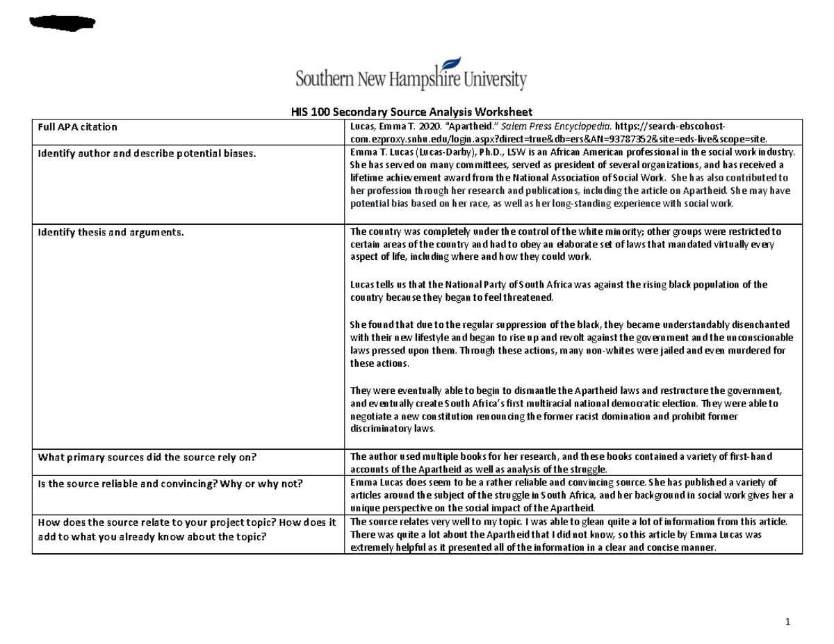 GS - HIS 100 Secondary Source Analysis Worksheet - Gina Scolardi 1 HIS ...