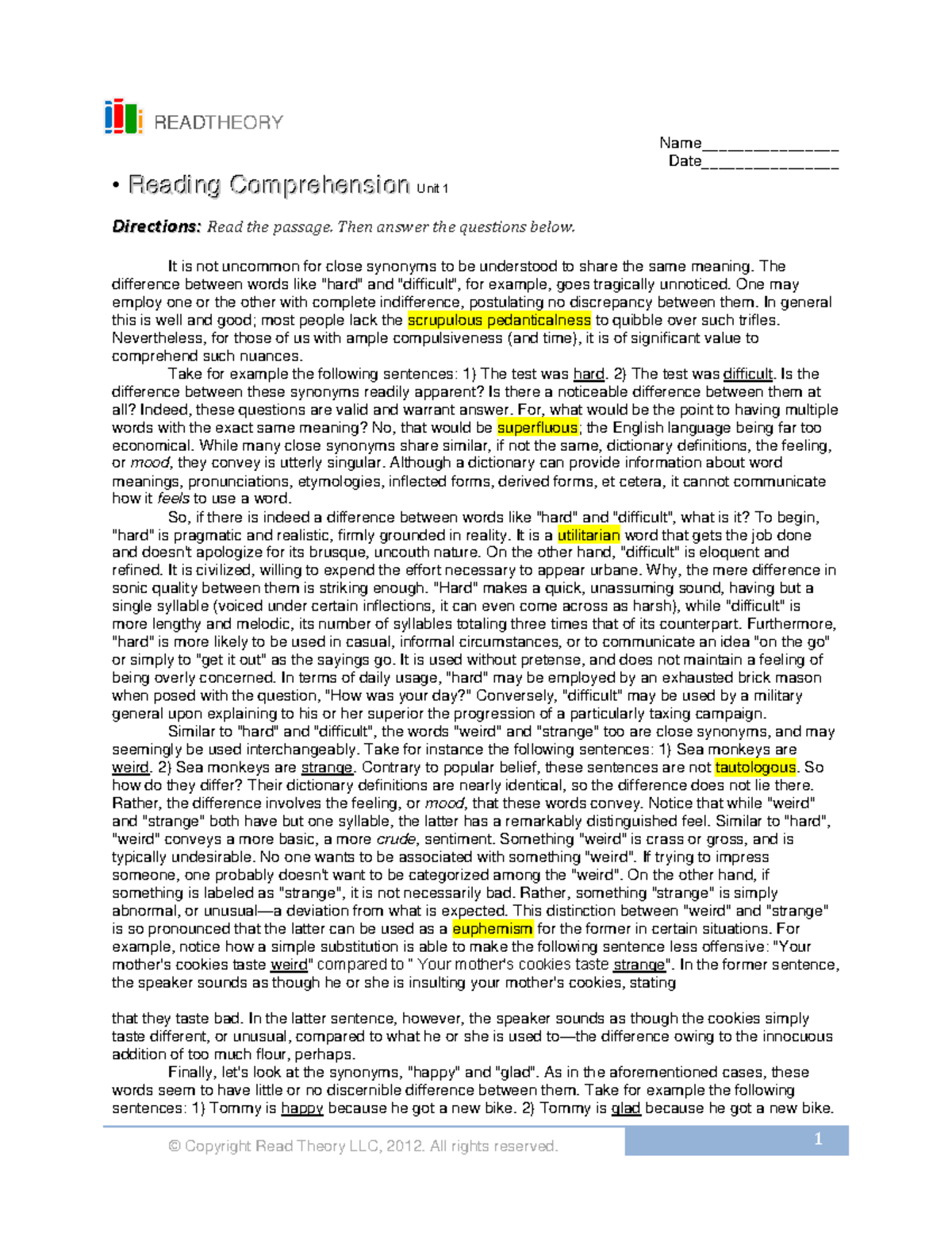 Unit 1 Reading Comprehension - READTHEORY Name________________ Date ...
