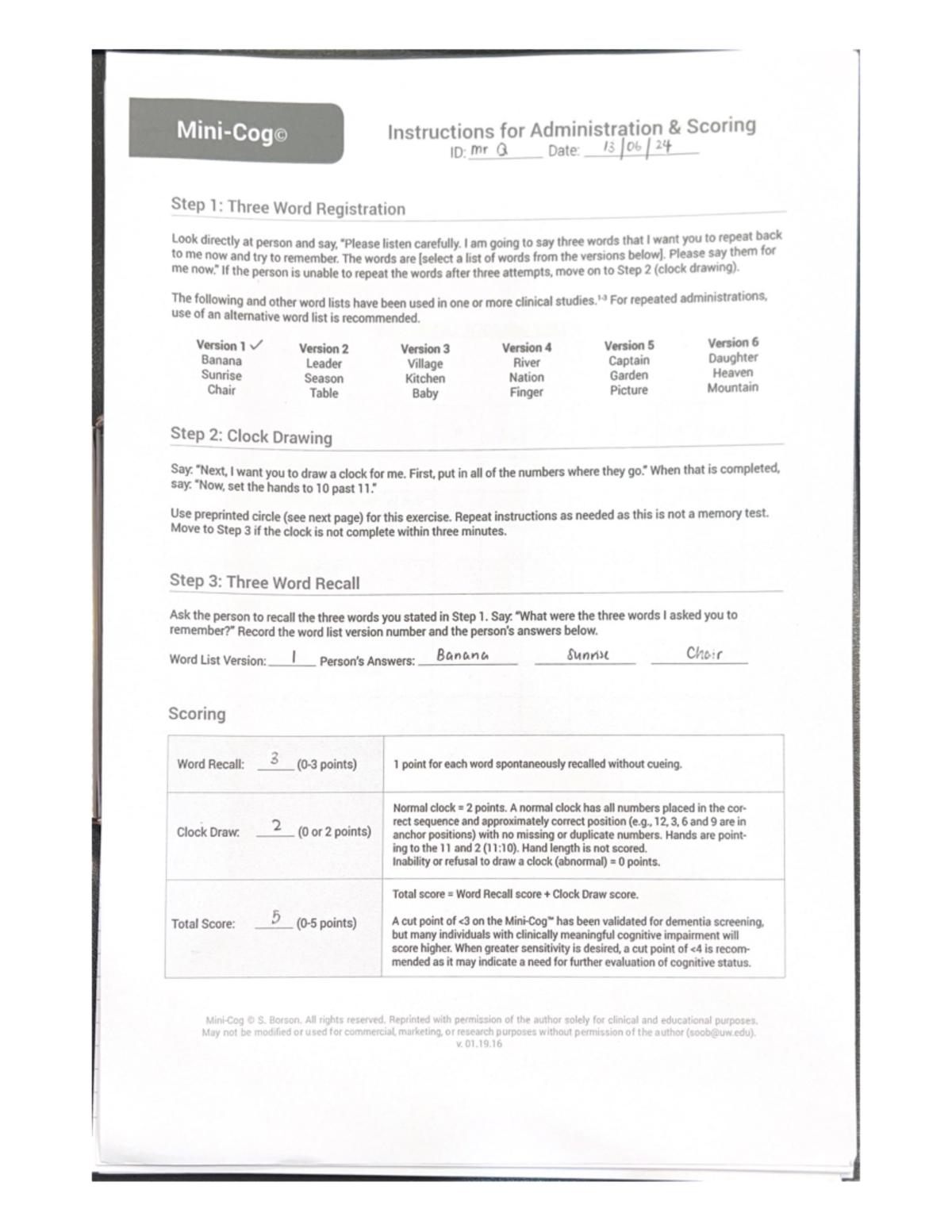 Mini-Cogo - Instructions for Administration Scoring ID: mr Q Date: Step ...