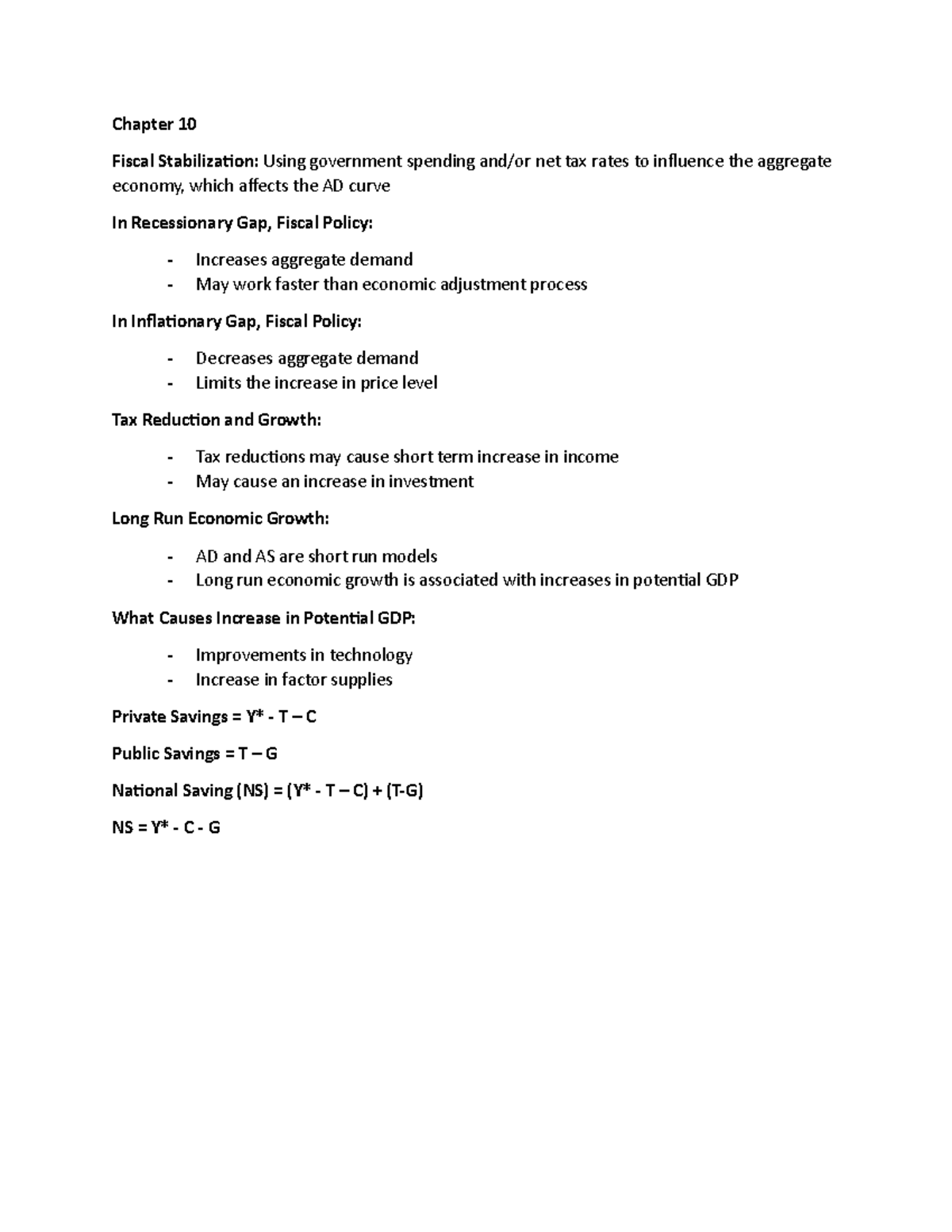EC140 Chapter 10 Notes - Chapter 10 Fiscal Stabilization: Using ...