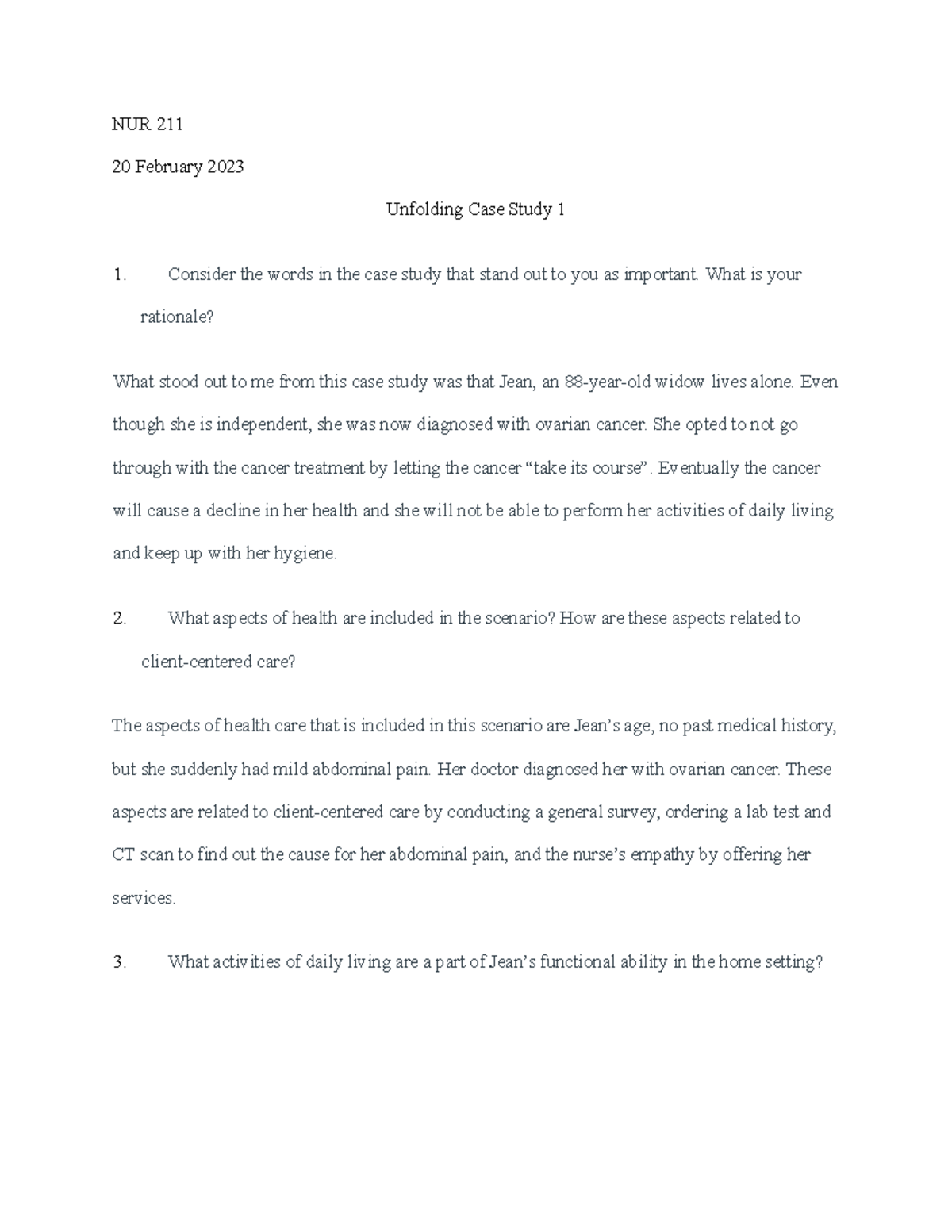 Unfolding Case Study 1 - NUR 211 20 February 2023 Unfolding Case Study ...