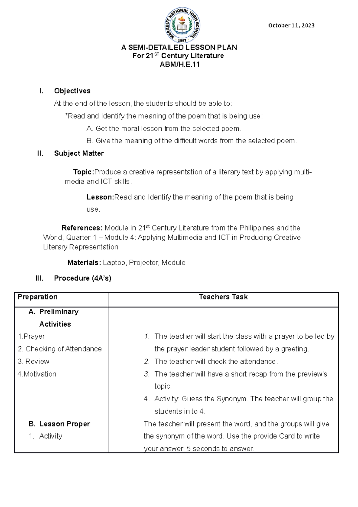 Lesson plan for TA Literature using media (copy) - October 11, 2023 A ...