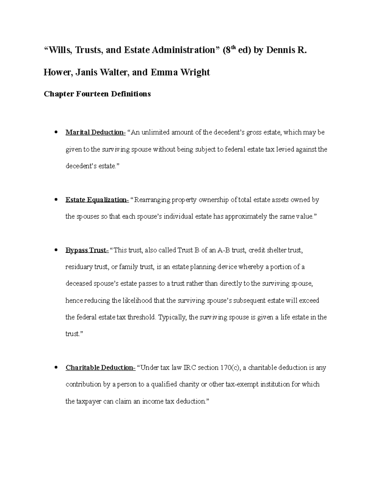 Wills, Trusts, and Estates Chapter Fourteen Definitions - “Wills ...