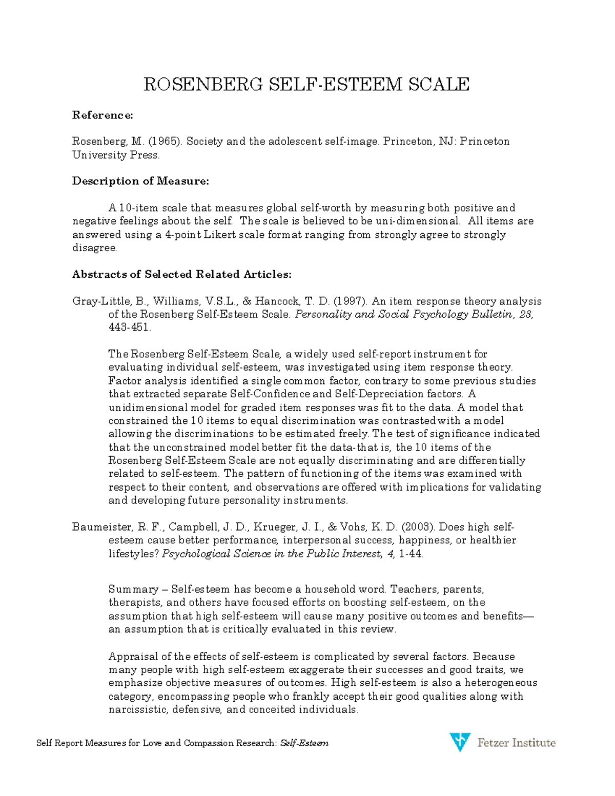 Self Measures for Self-Esteem Rosenberg SELF- Esteem - ROSENBERG SELF ...