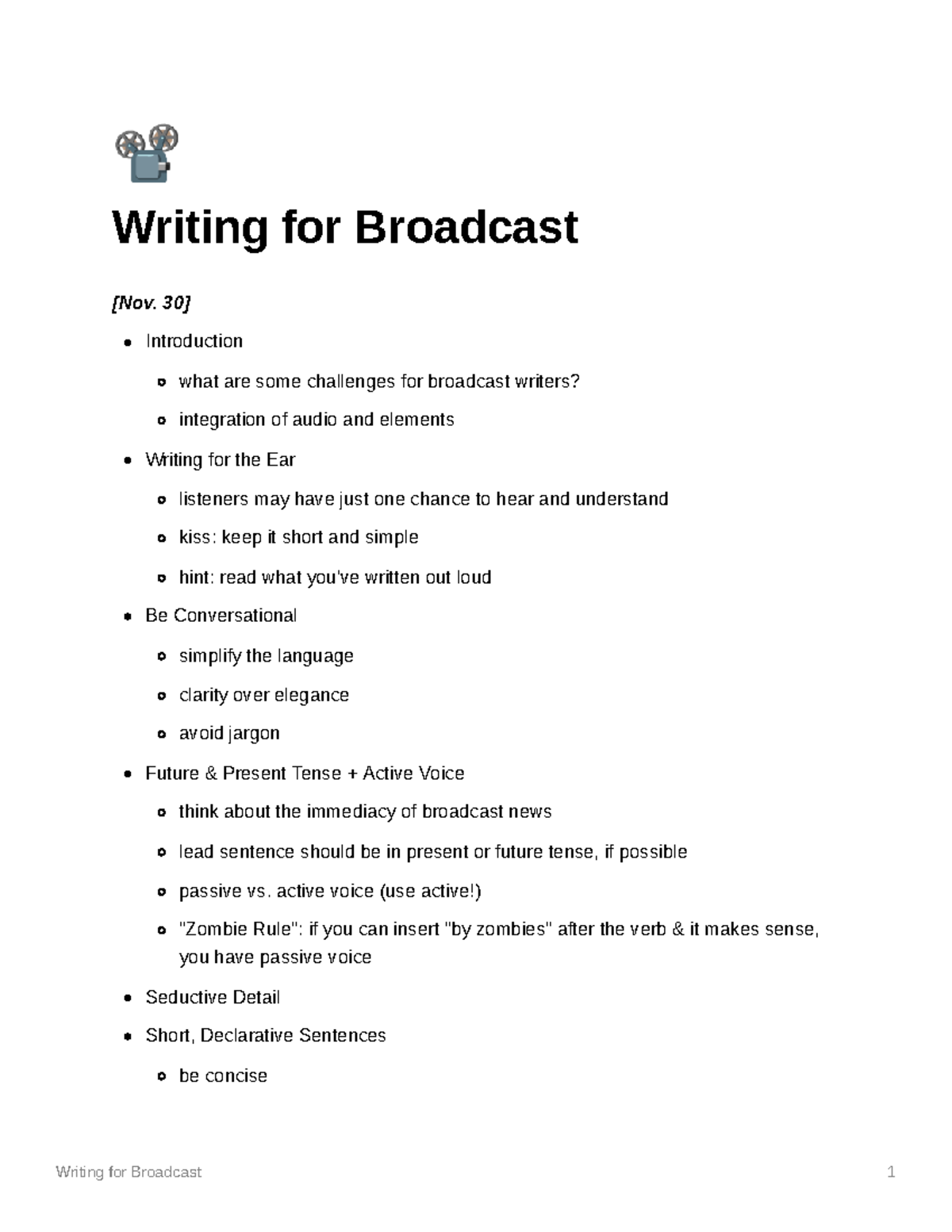 Writing for Broadcast - ë Writing for Broadcast [Nov. 30] Introduction ...