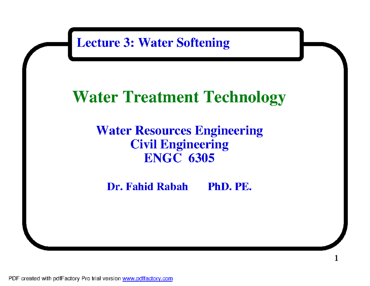 Water Treatment Lecture 3 - 1 Water Treatment Technology Water ...