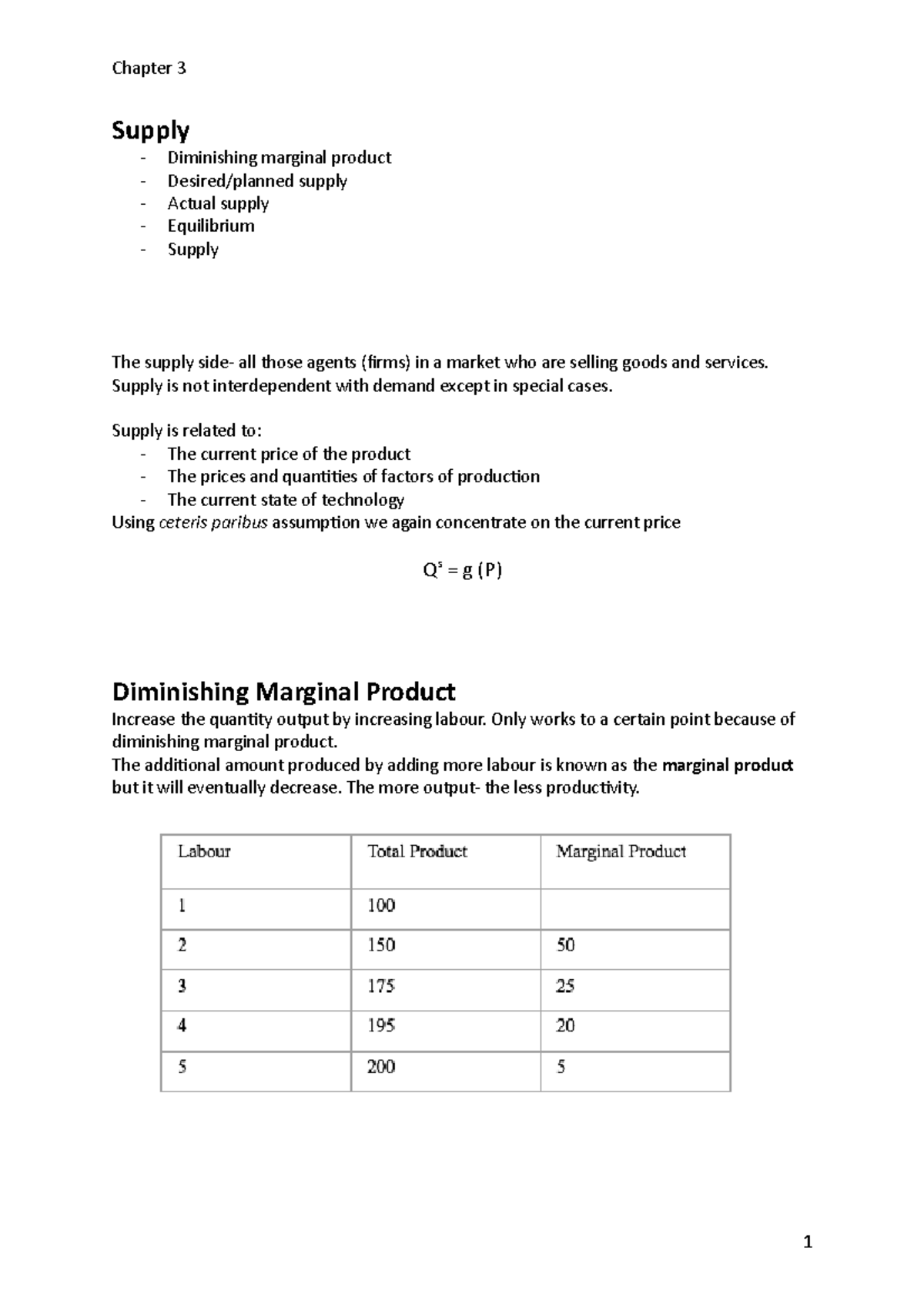 Lecture 3- complete; Supply - Chapter 3 Supply - Diminishing marginal ...
