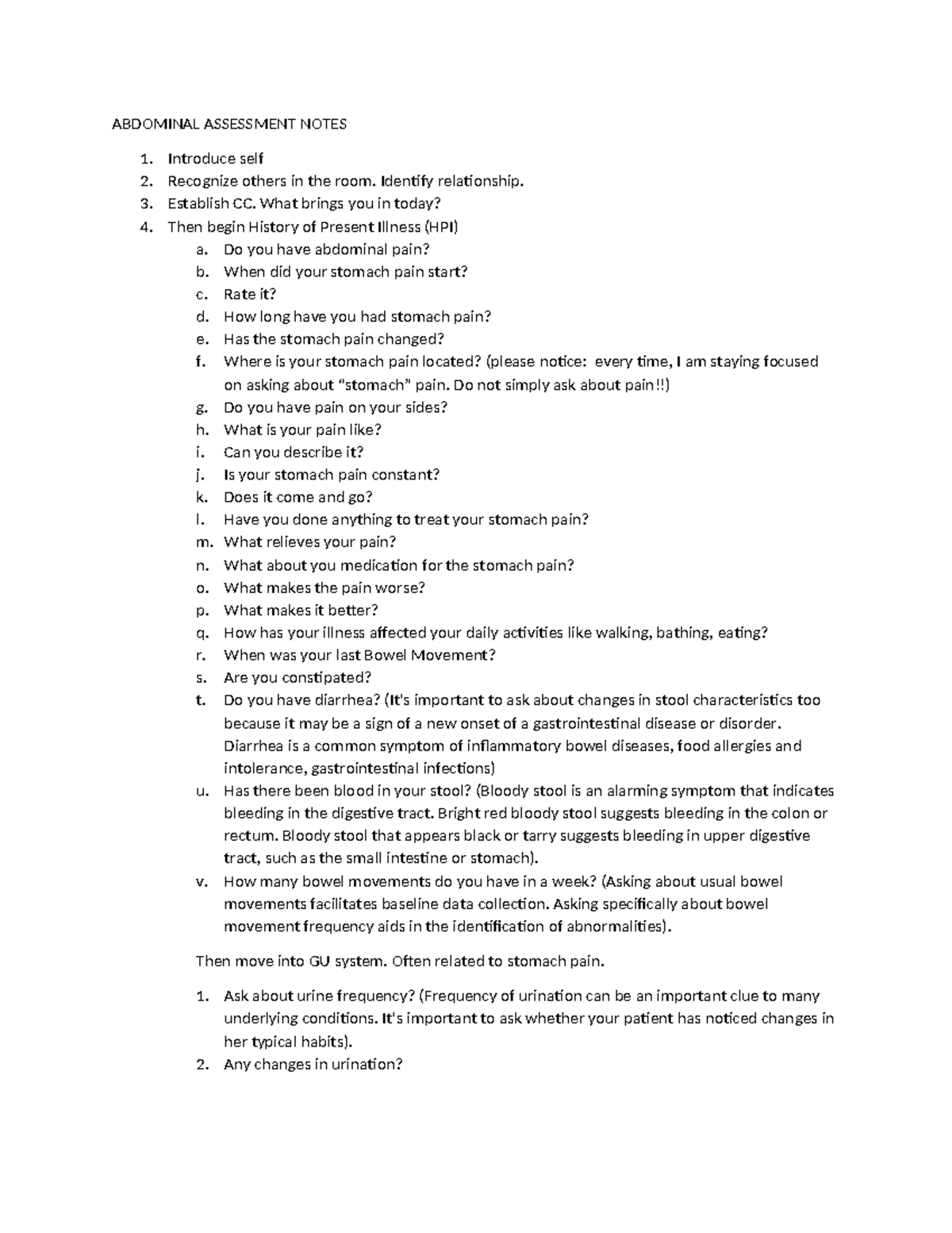 Abdominal Assessment Notes - ABDOMINAL ASSESSMENT NOTES Introduce self ...