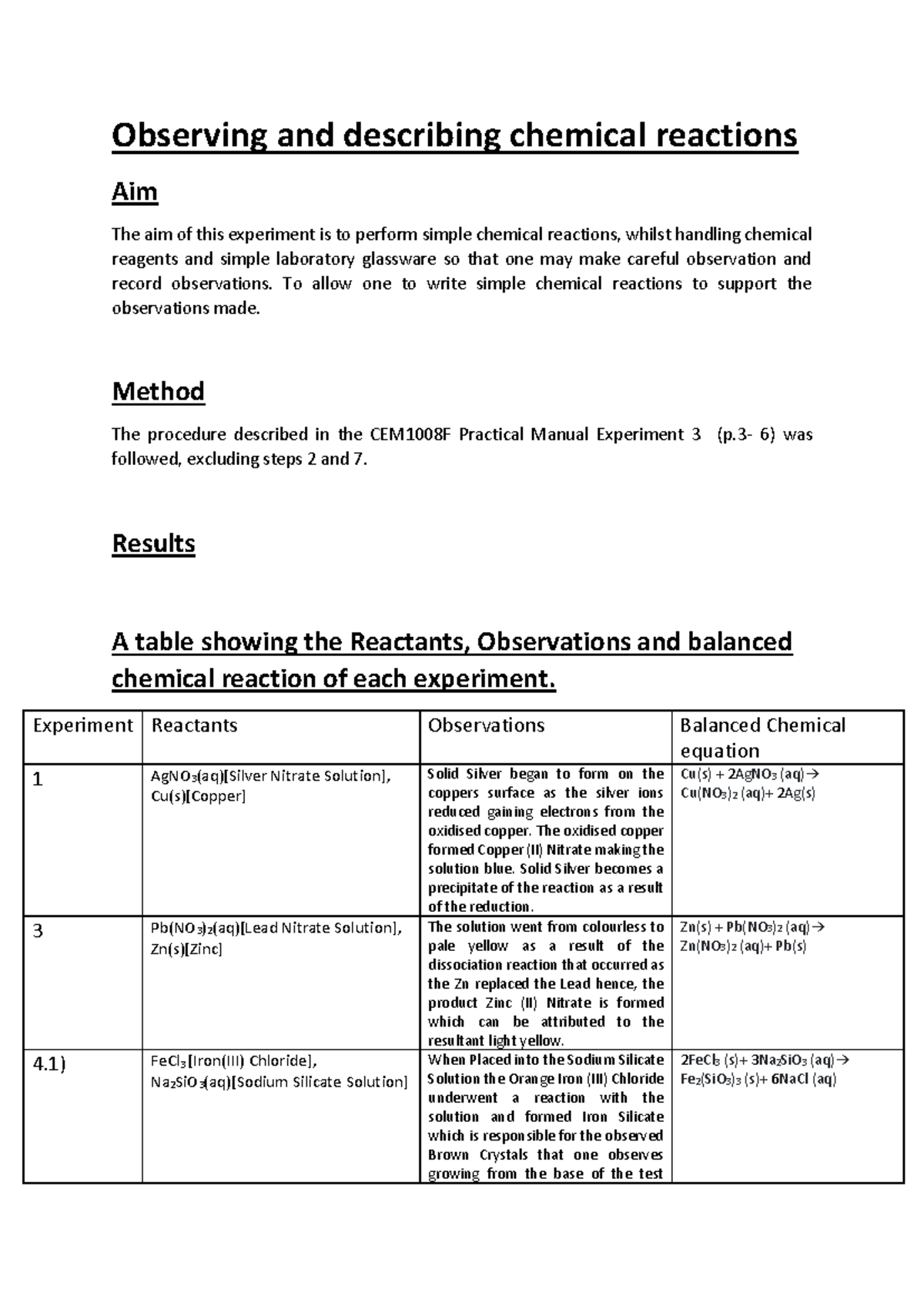 Chem Prac Report - Observing and describing chemical reactions Aim The ...