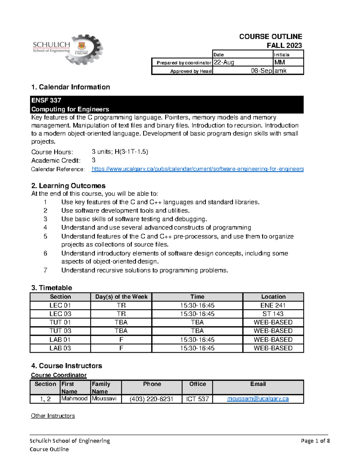 ENSF337-FALL2023-Course Outline - Initials MM amk Course Hours ...