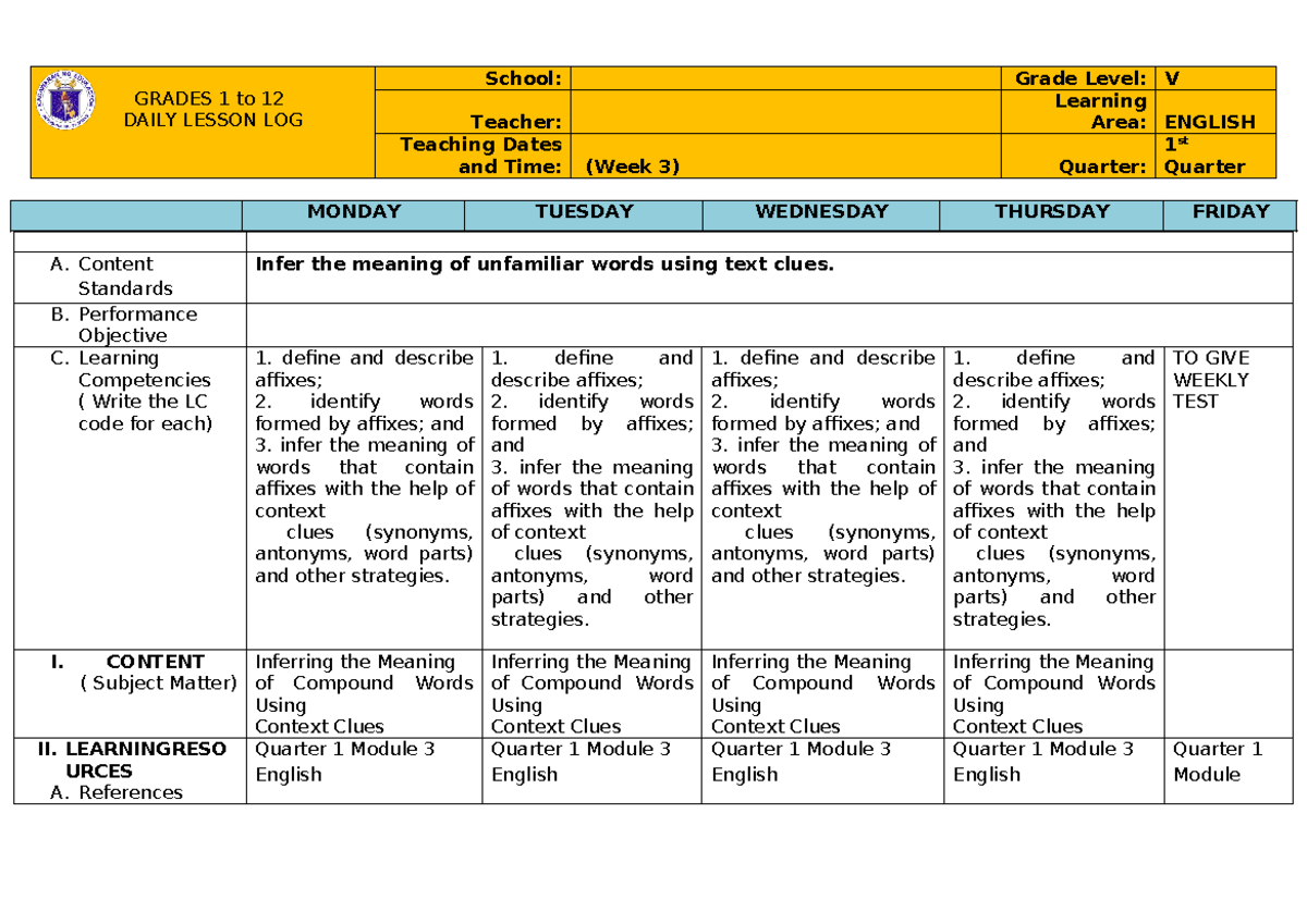 DLL WEEK 3 ENG 5 - DLL WEEK 3 ENG 5 - MONDAY TUESDAY WEDNESDAY THURSDAY ...