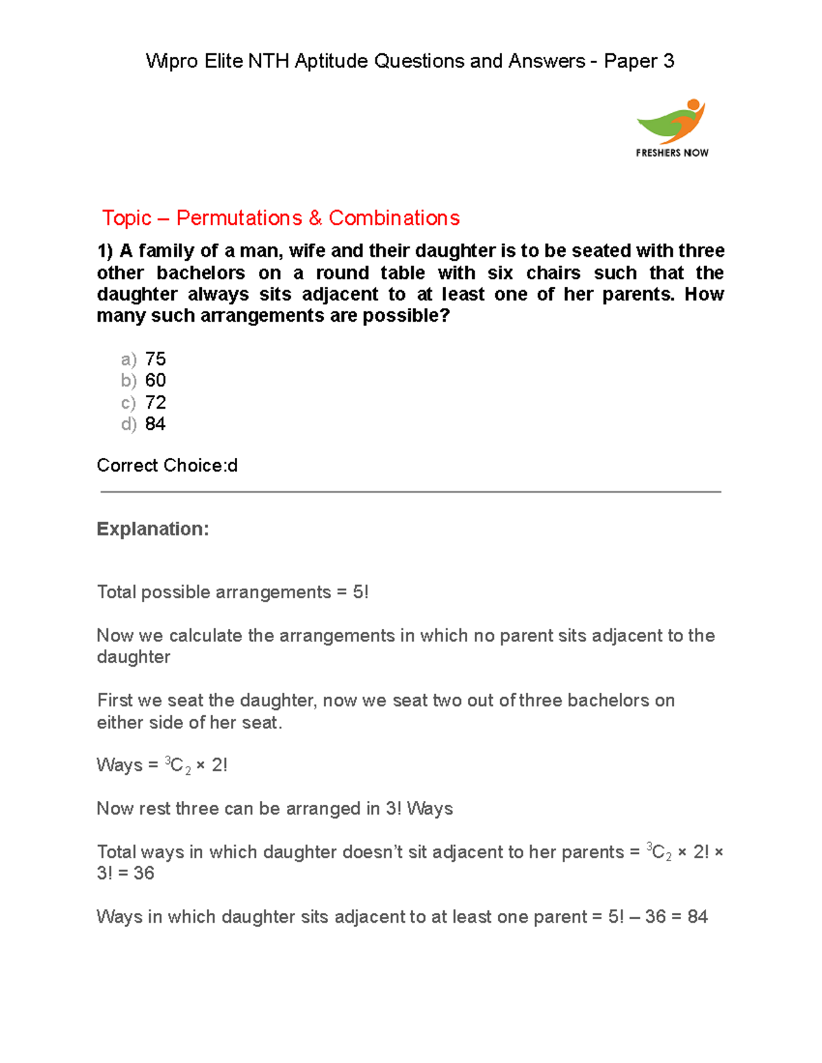 Wipro Elite NTH Aptitude Questions and Answers Paper 3 - Topic – Permutations & Combinations A ...