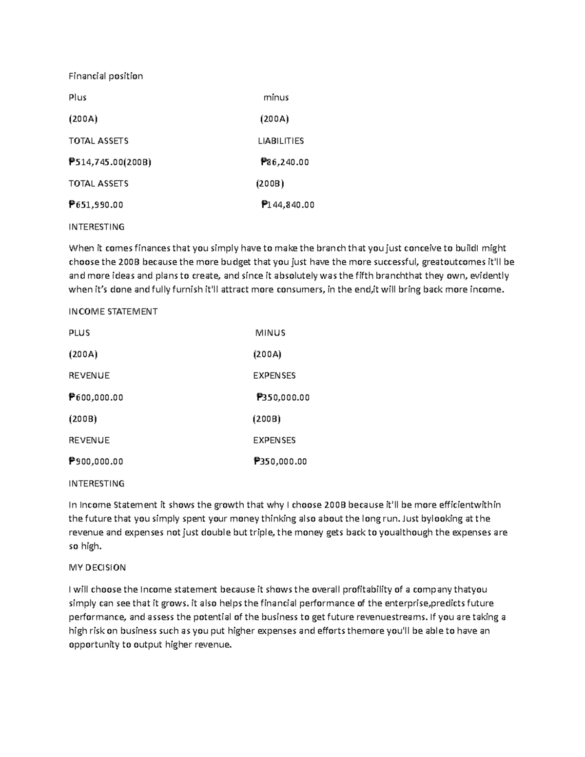 Entrep 07ACT1 - basta ganto - Financial position Plus minus (200A ...