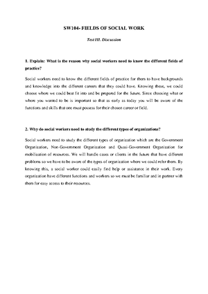 SW104 Fields IN Social WORK - SW “FIELDS OF SOCIAL WORK PRACTICE ...