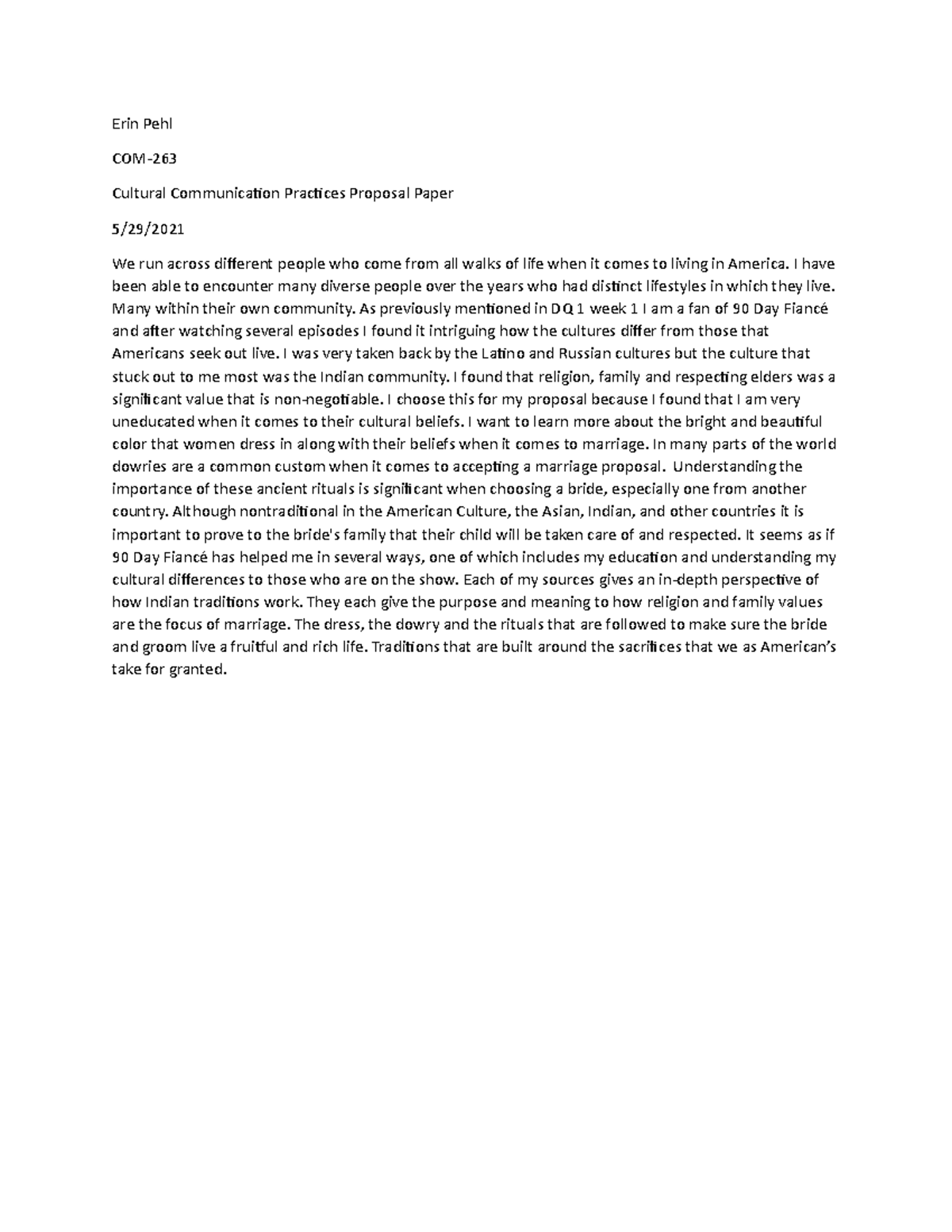 Proposal Assignment-Erin Pehl - Erin Pehl COM- Cultural Communication ...